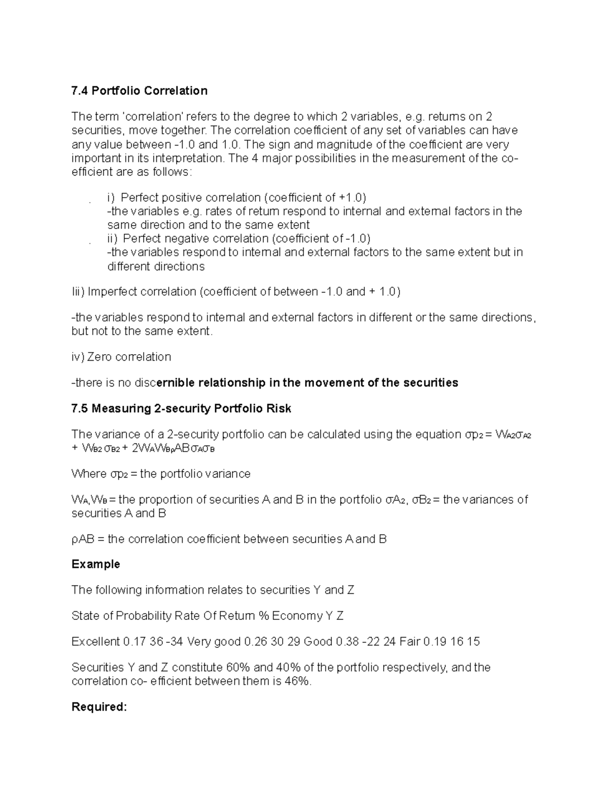 Finance 300 Chapter 7B Notes - 7 Portfolio Correlation The term ...