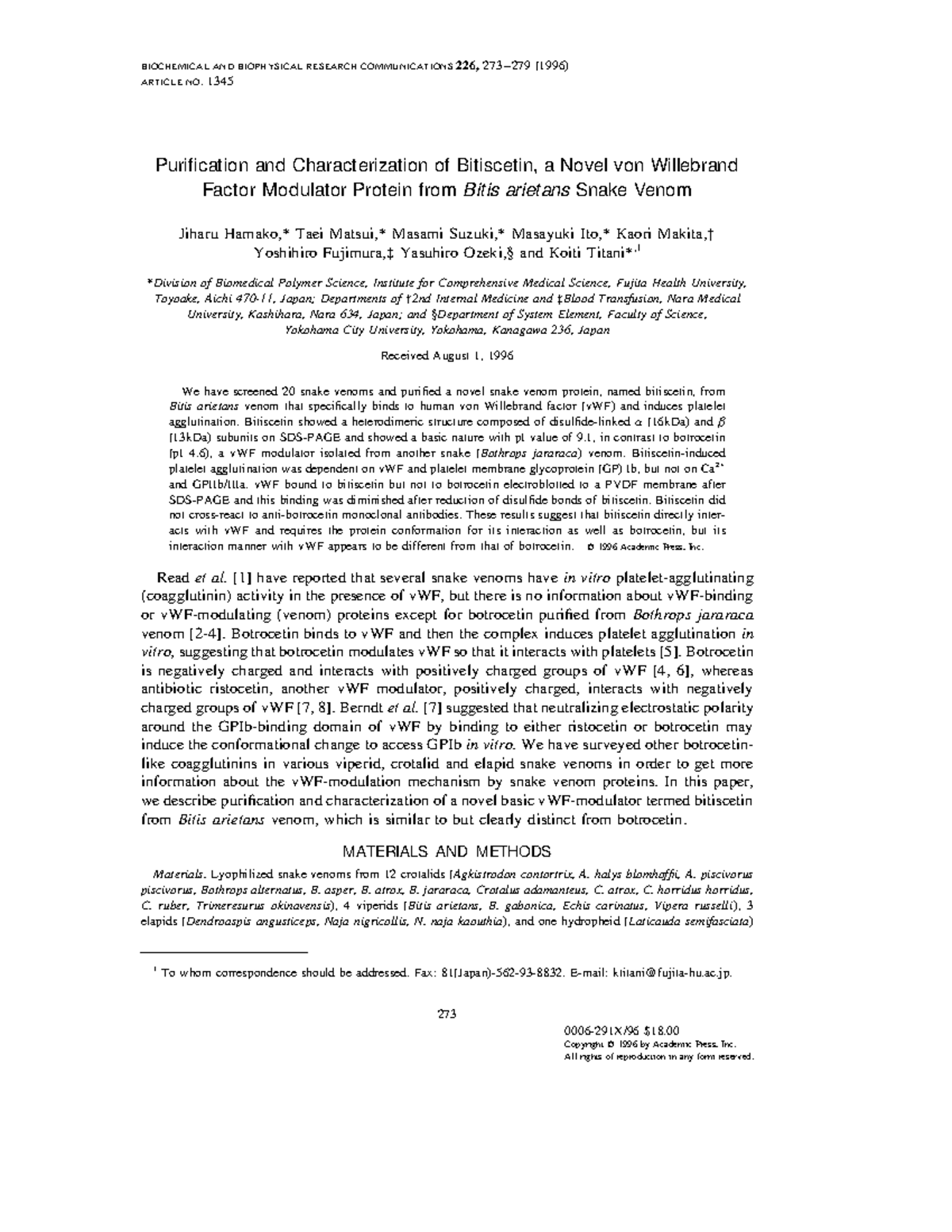 Hamako 1996 - BIOCHEMICAL AND BIOPHYSICAL RESEARCH COMMUNICATIONS 226 ...