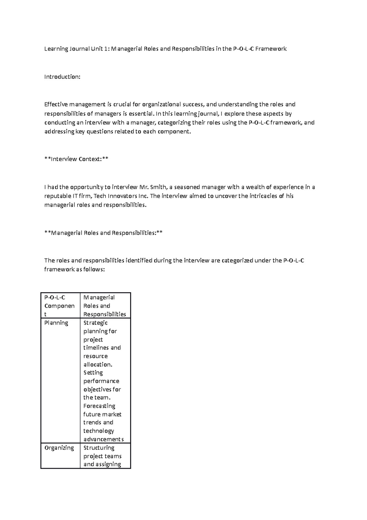 Learning Journal unit 1 bus - Learning Journal Unit 1: Managerial Roles and Responsibilities in ...