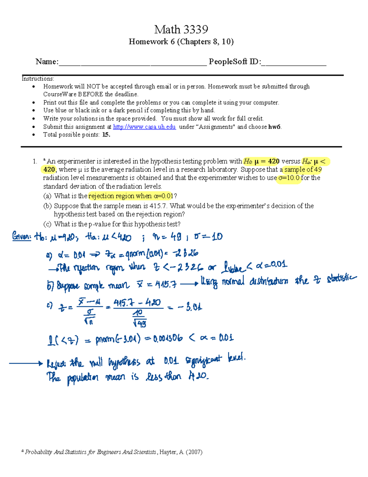 Homework 6- Math 3339 - a Probability And Statistics for Engineers And ...