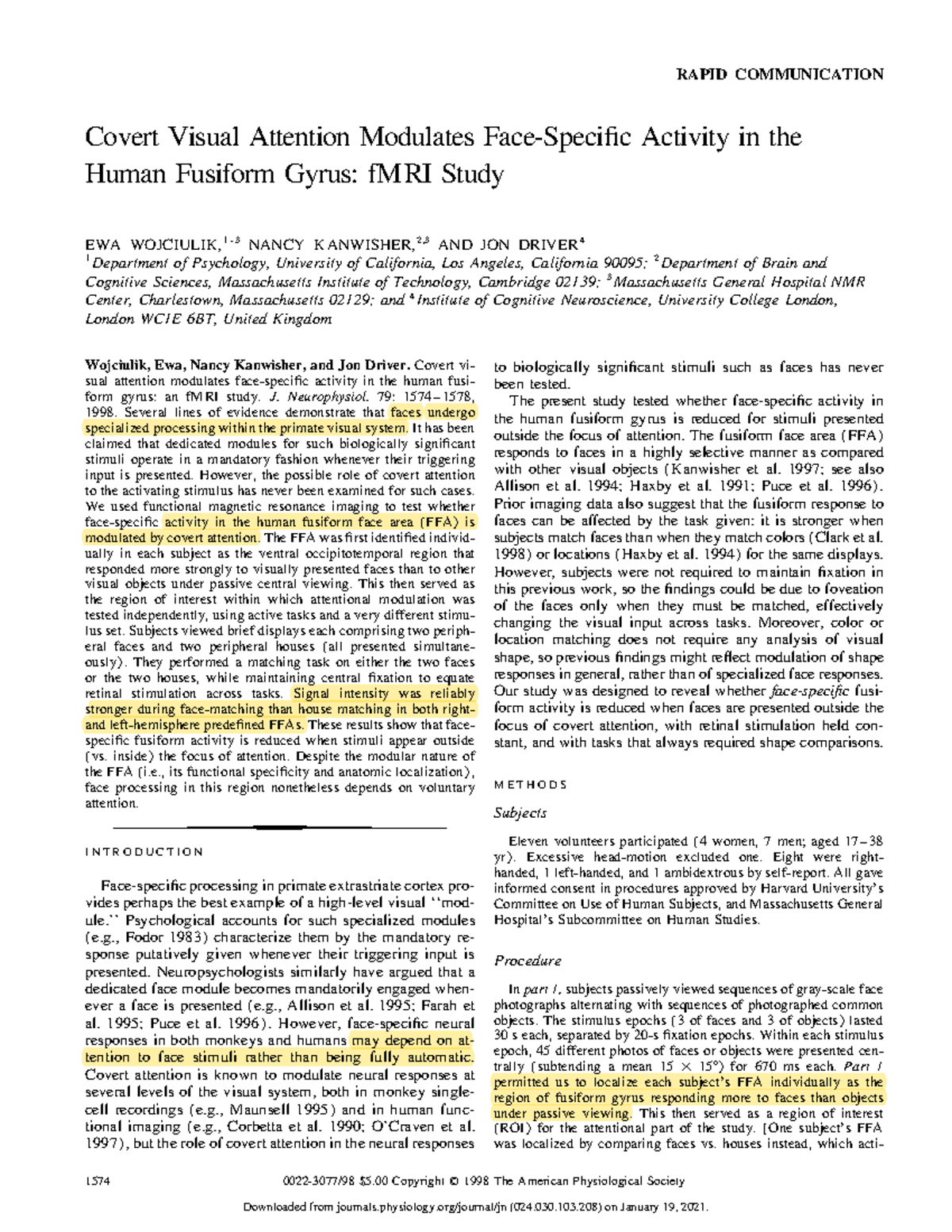 Wojciulik 1998 Article - RAPID COMMUNICATION Covert Visual Attention ...
