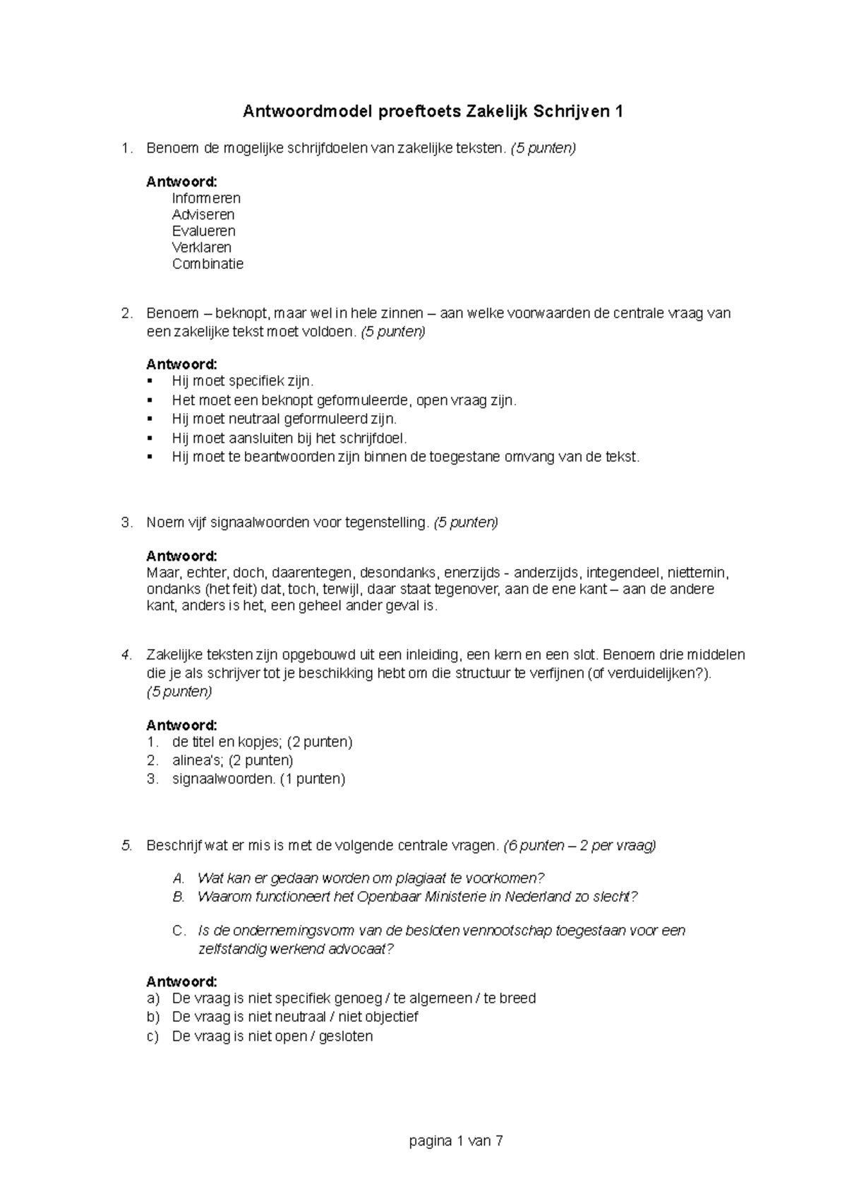 Proef/oefen tentamen 2014, Vragen en antwoorden - Antwoordmodel proeftoets Zakelijk Schrijven 1 ...