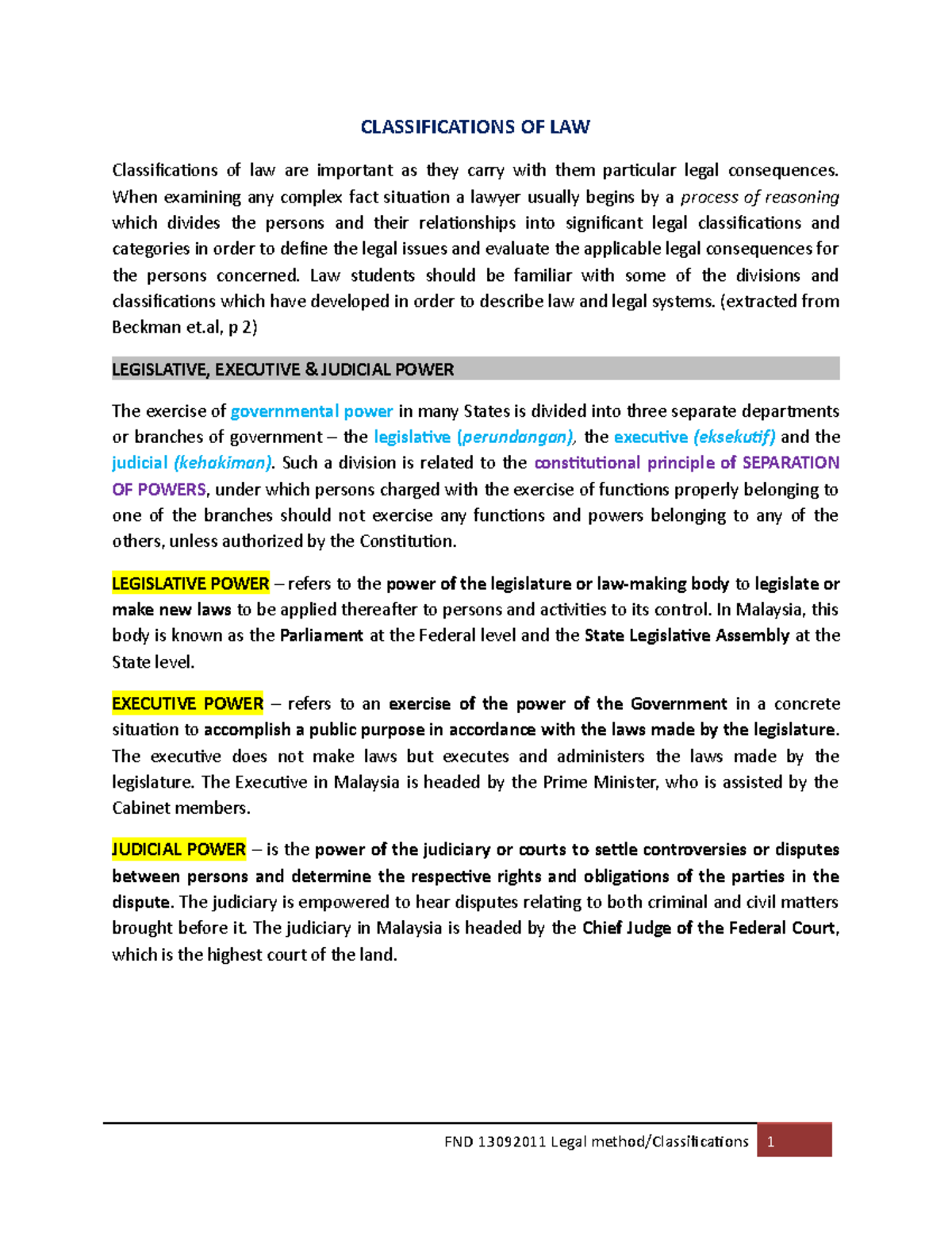 Classifications OF LAW - CLASSIFICATIONS OF LAW Classifications of law ...