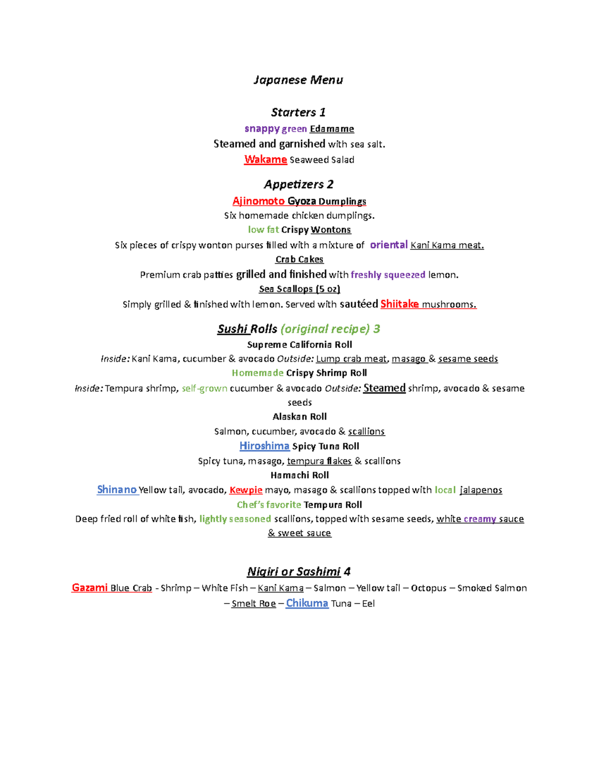 Japanese menu gelabeld Engels - Japanese Menu Starters 1 snappy green ...