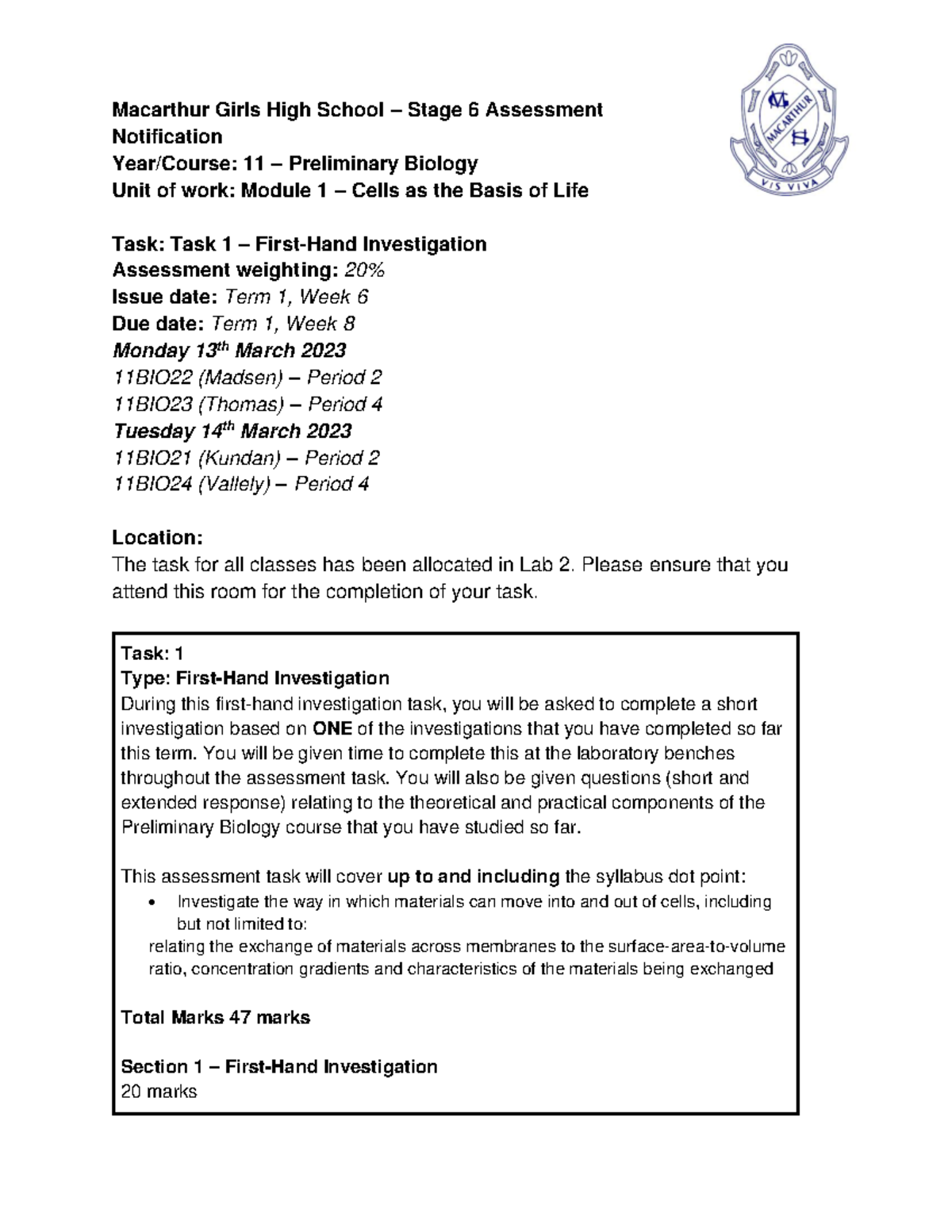 2023 Year 11 Biology Task 1 Notification - First Hand Investigation ...