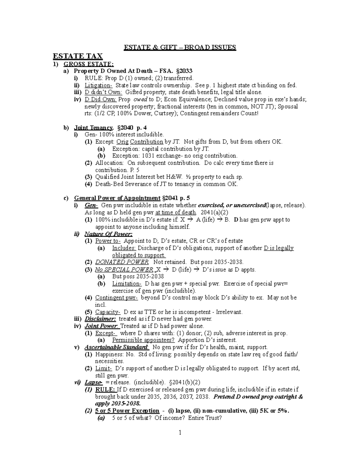 Estate outline - ESTATE & GIFT – BROAD ISSUES ESTATE TAX 1) GROSS ...
