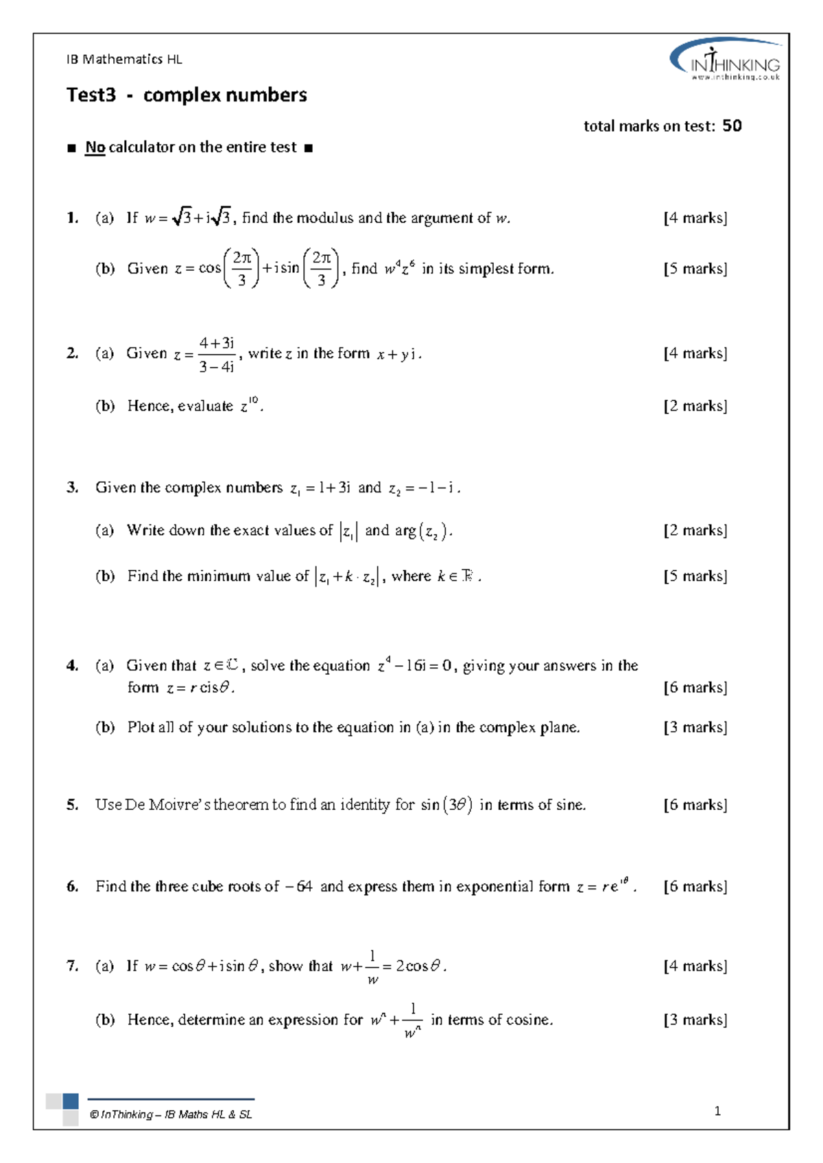 Test3 hl complex nmbrs v1 - IB Mathematics HL Test 3 - complex numbers ...