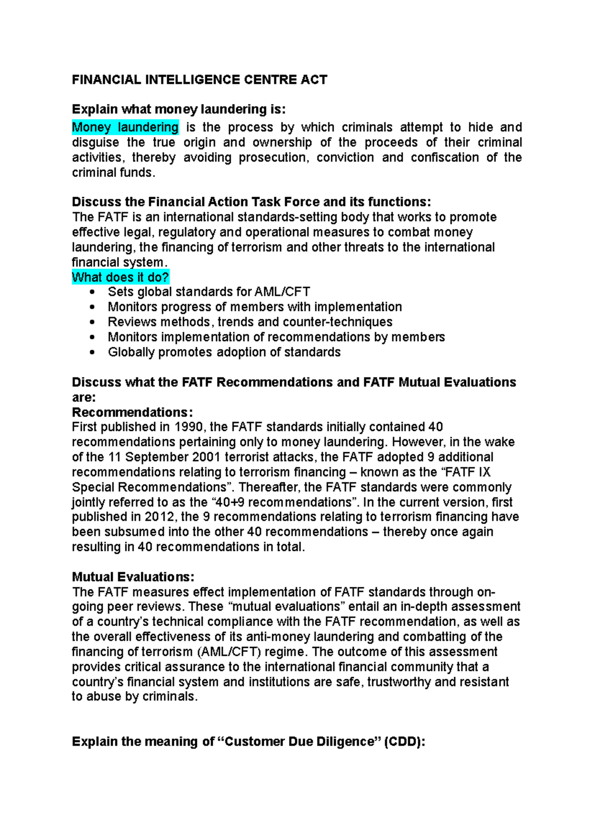 Banking Law Revision - FINANCIAL INTELLIGENCE CENTRE ACT Explain what ...
