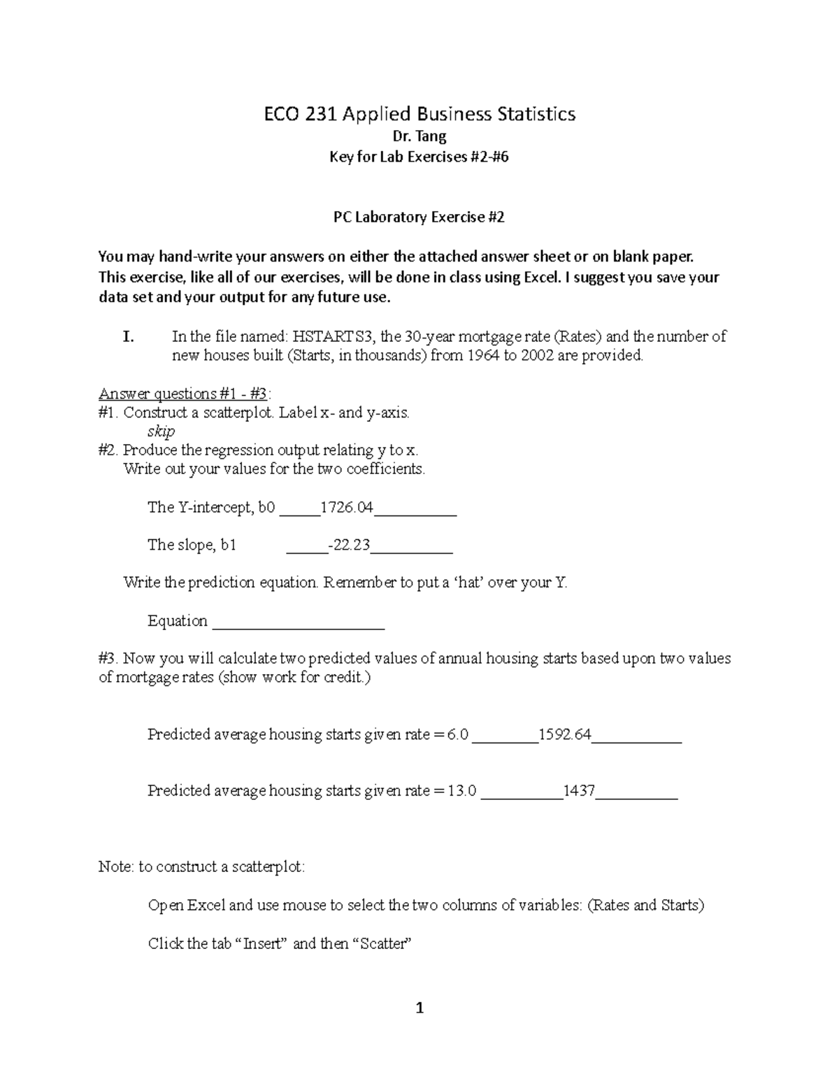 Key for Lab Ex #2 5 - lab - ECO 231 Applied Business Statistics Dr ...