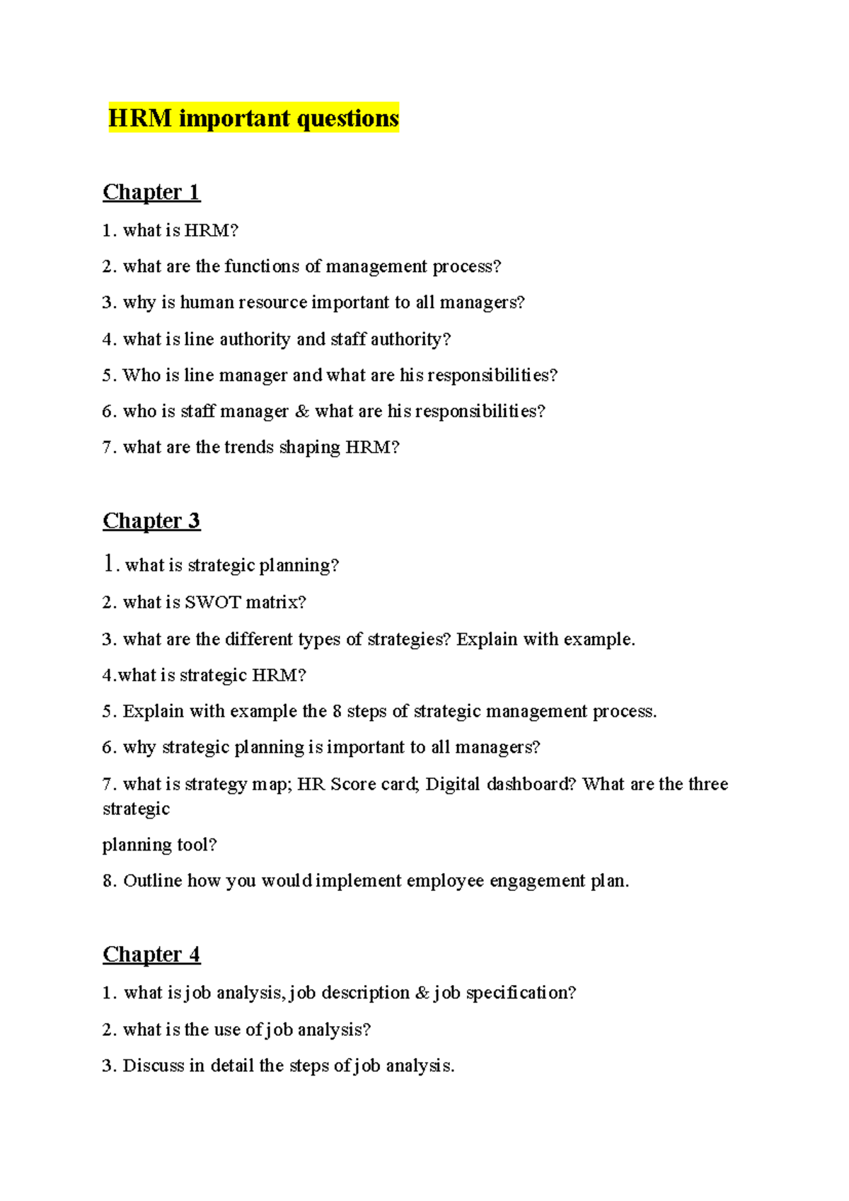 HRM probable question (all chapters) - HRM important questions Chapter ...