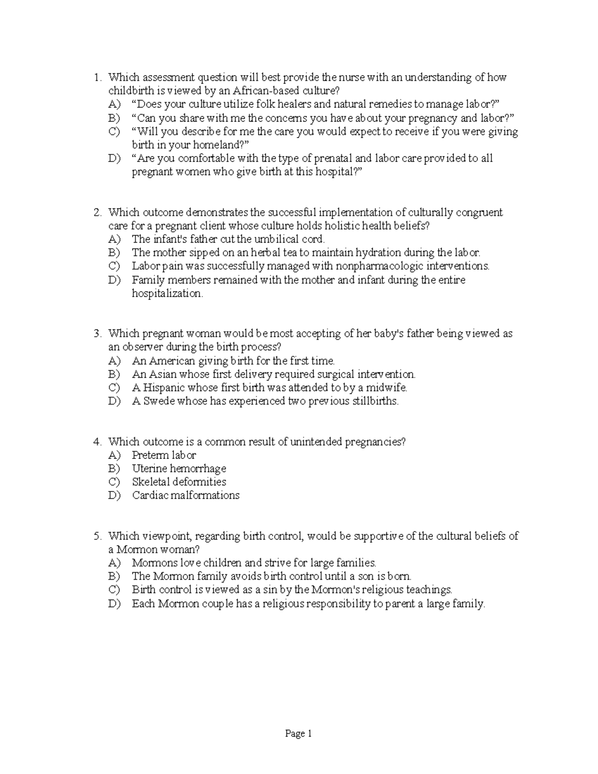 Chapter 05- Transcultural Perspectives in Childbearing - Page 1 Which ...