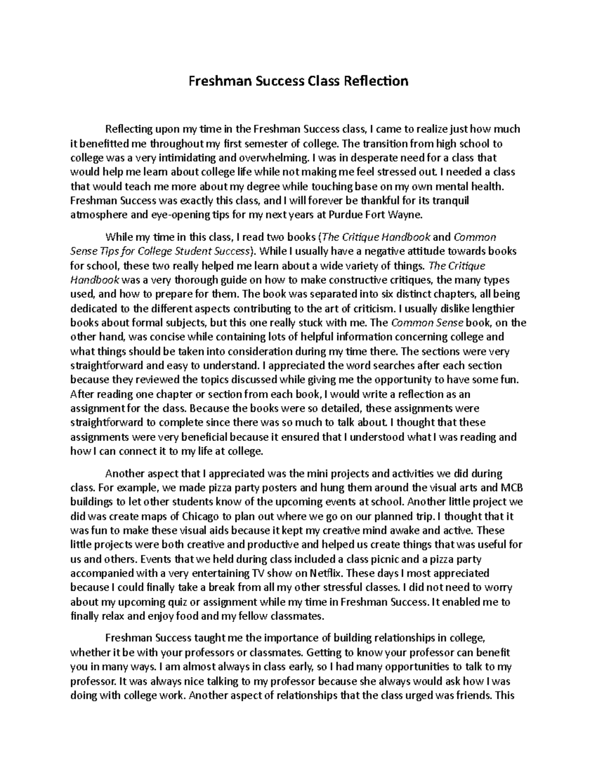 Freshman Success Reflection - Freshman Success Class Reflection ...