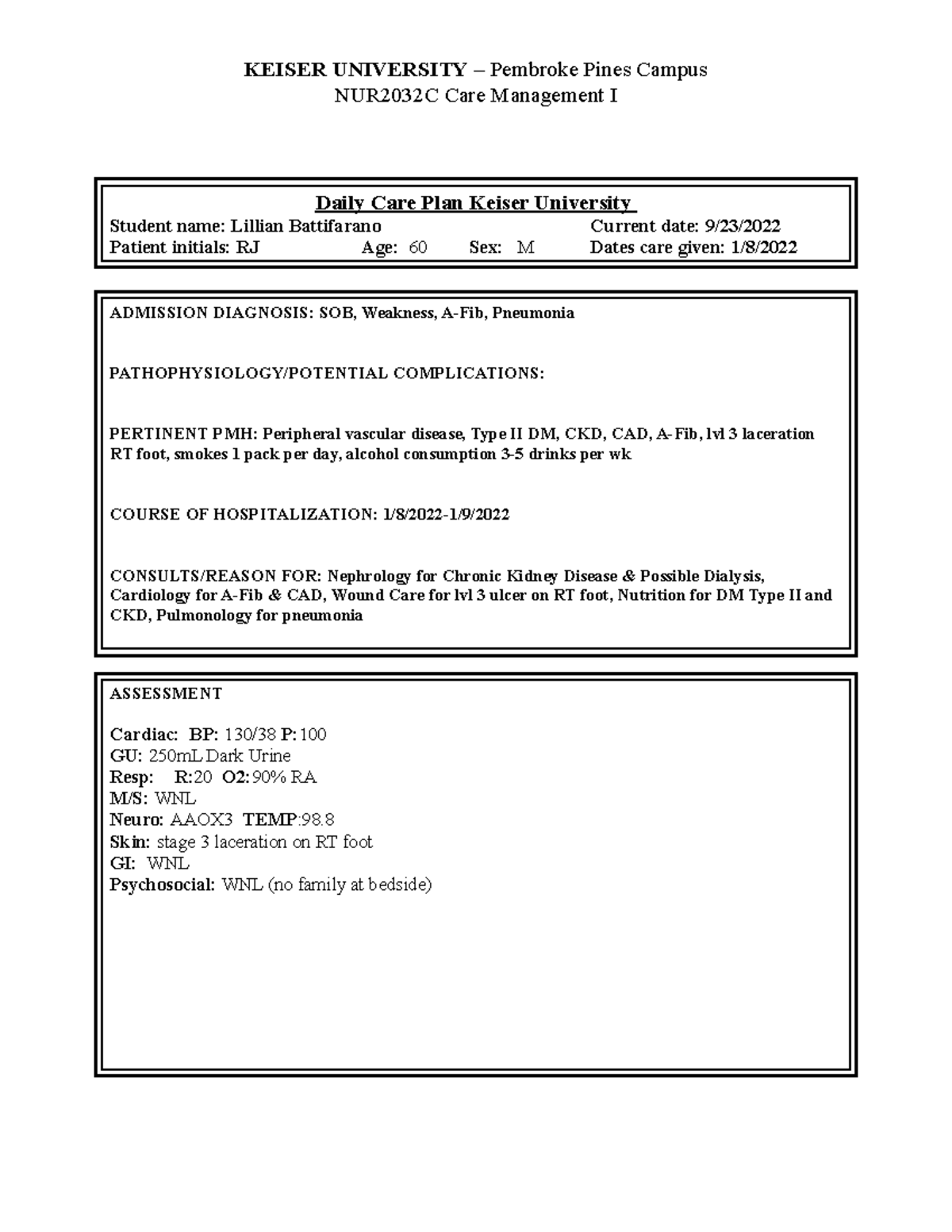Weekly Care Plan Kidney Disease - NUR2032C Care Management I Daily Care ...