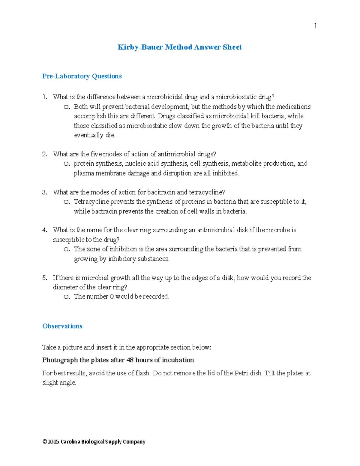 Kirby bauer lab - 1 Kirby-Bauer Method Answer Sheet Pre-Laboratory ...
