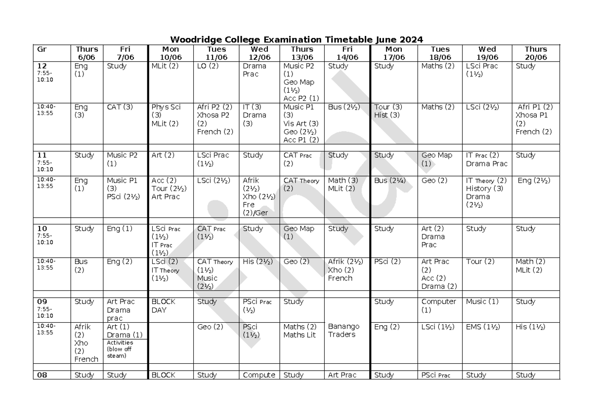 June Exam Timetable 2024 2 - Woodridge College Examination Timetable ...