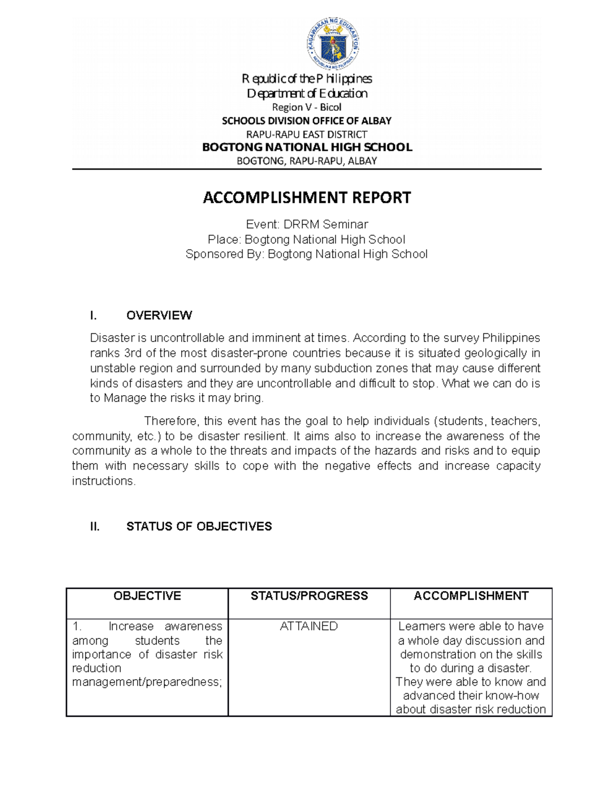 Accomplishment Report - ACCOMPLISHMENT REPORT Event: DRRM Seminar Place ...