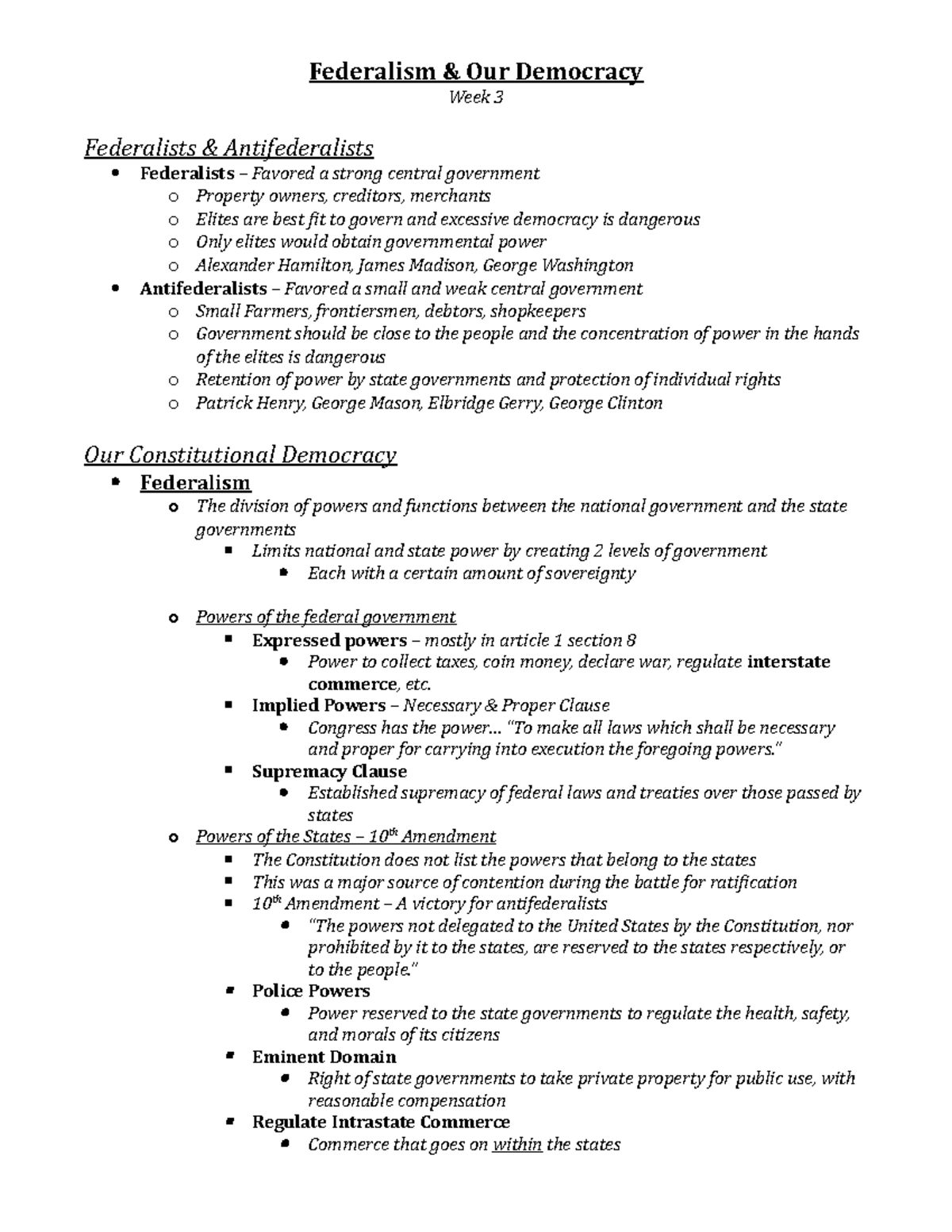Federalism - Week 3 - Lecture notes 4 - Federalism & Our Democracy Week ...