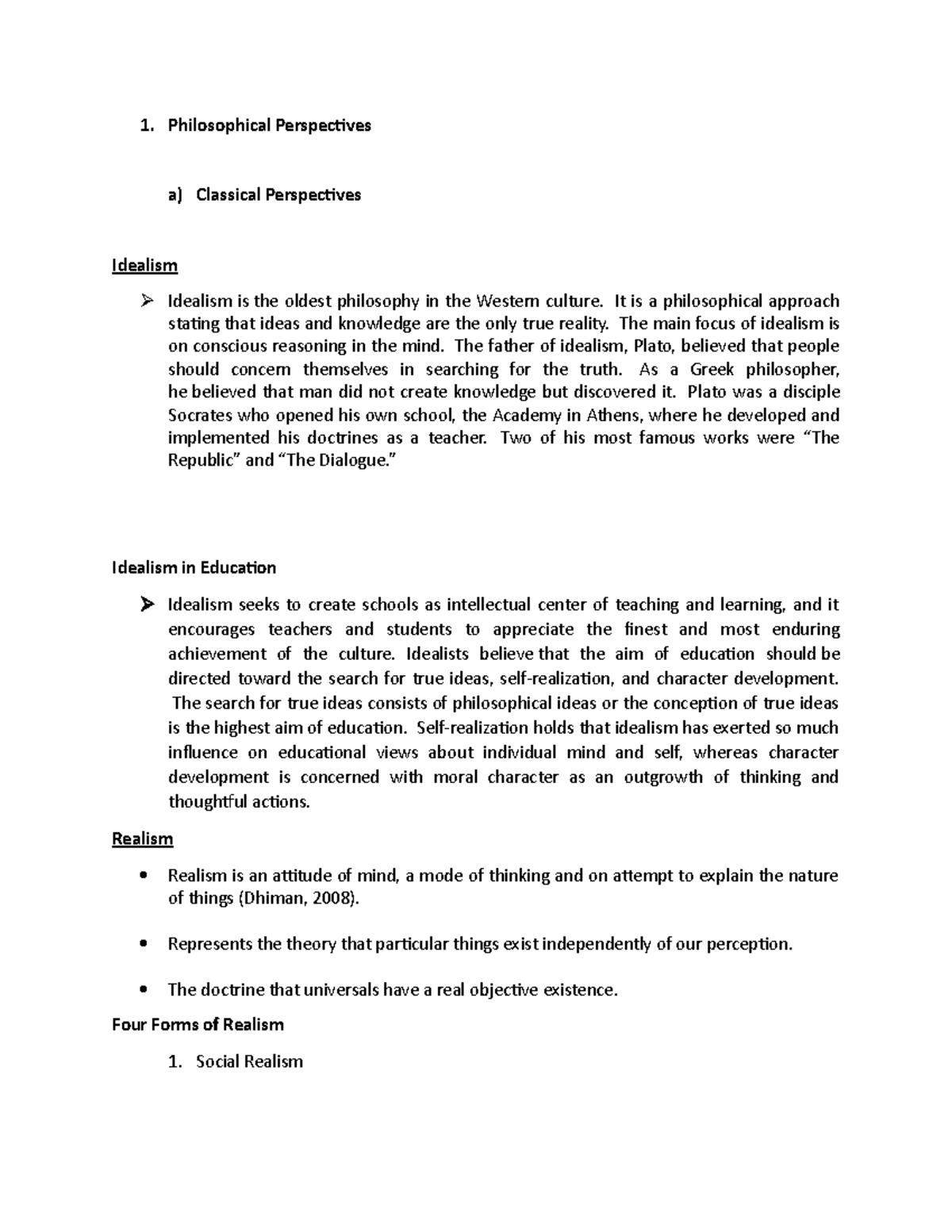 Philosophical Perspectives - 1. Philosophical Perspectives a) Classical ...