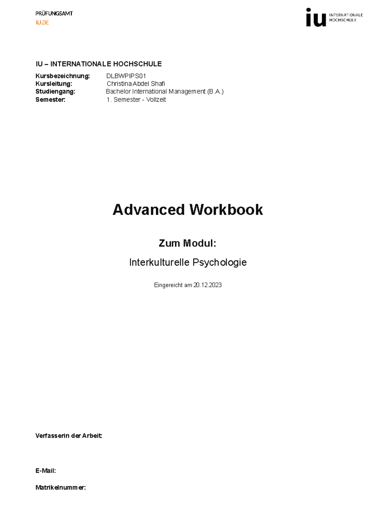 Advanced Workbook - IU IU – INTERNATIONALE HOCHSCHULE Kursbezeichnung ...