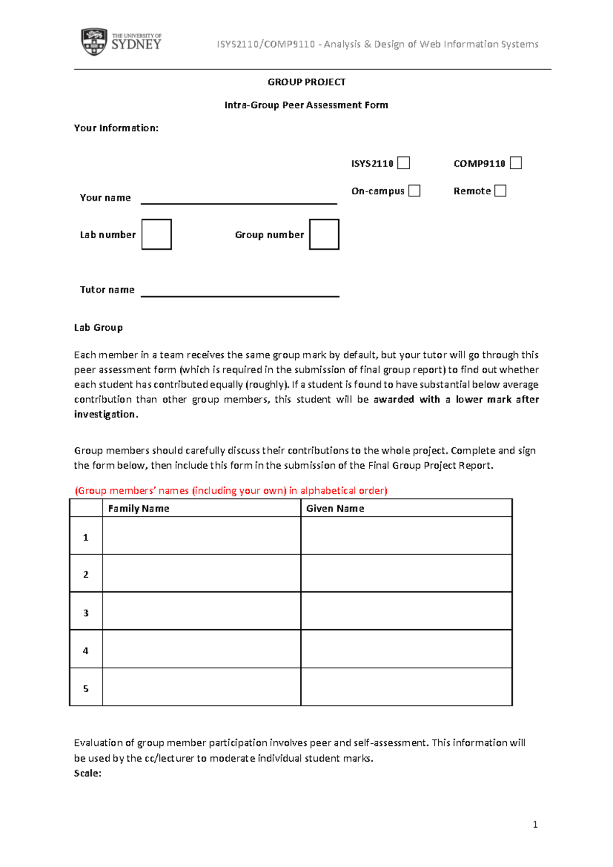 ISYS2110 University of Sydney - Peer Assessment Form - GROUP PROJECT ...