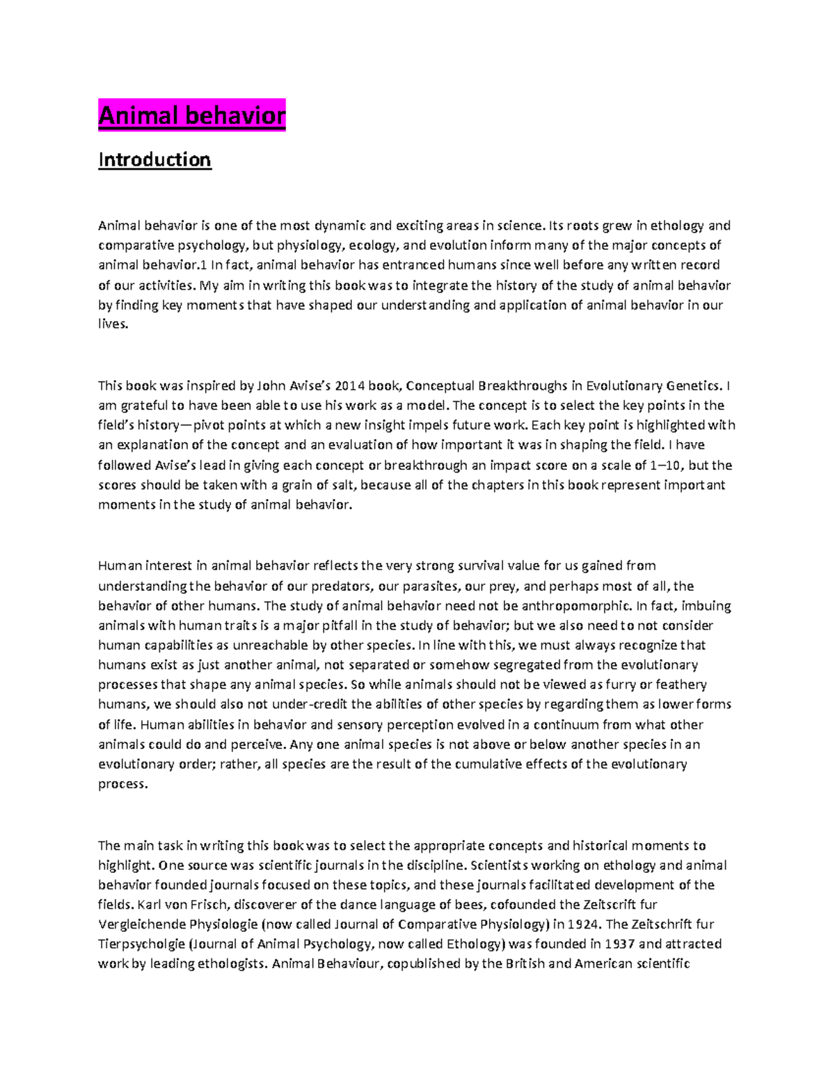 Animal behavior - Animal behavior Introduction Animal behavior is one ...