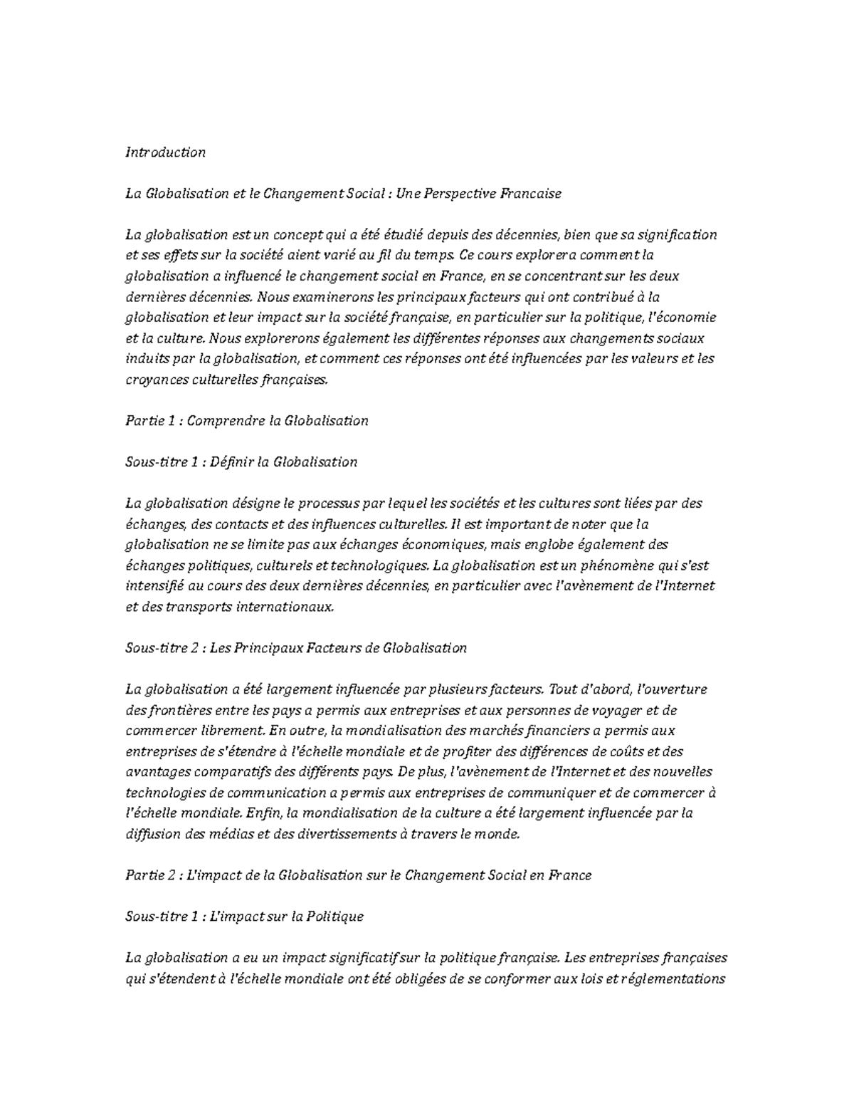 Globalization and Social Change Notes de cours - Introduction La ...