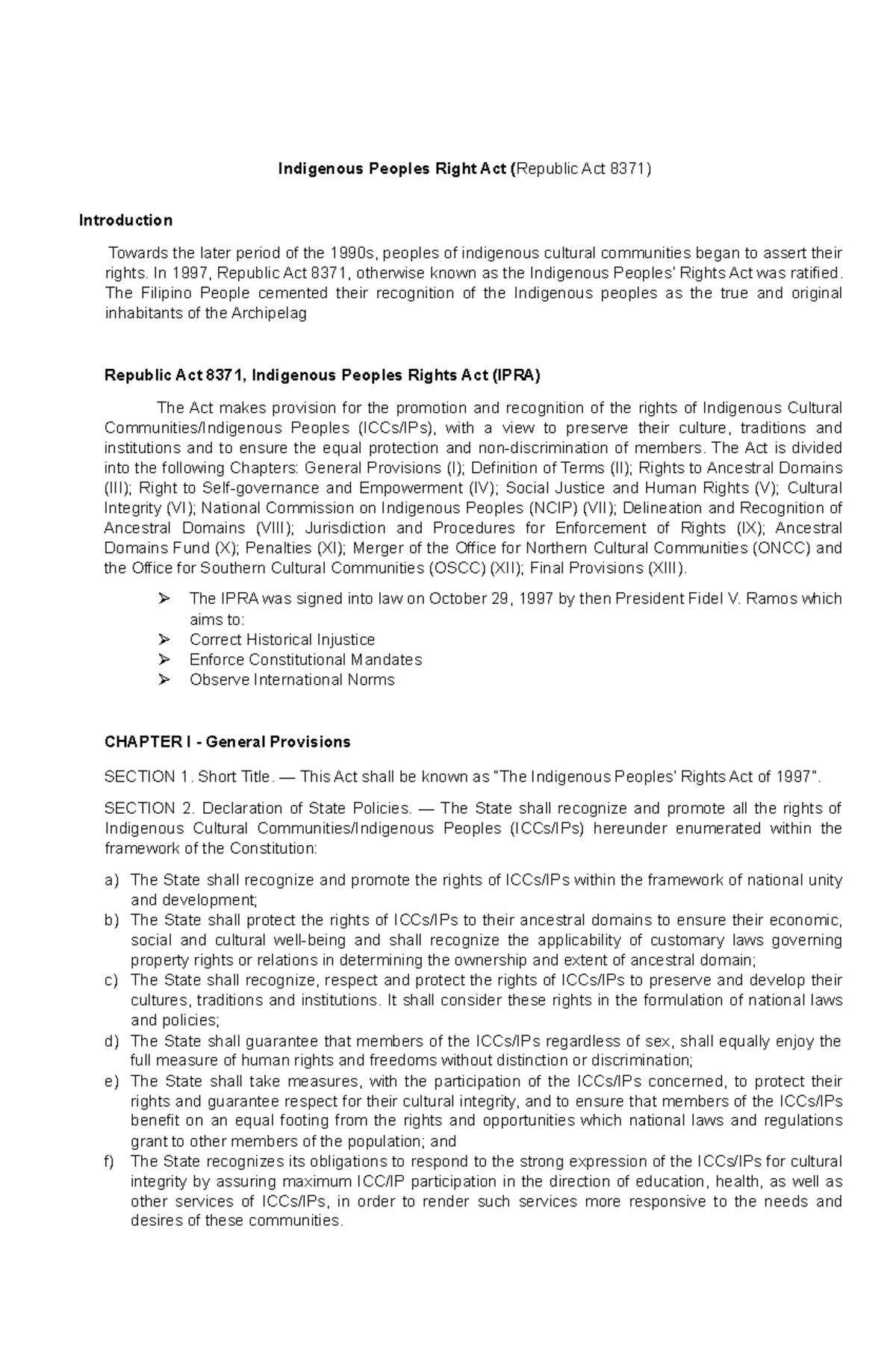 Indigenous Peoples Right Act (Republic Act 8371) - In 1997, Republic ...
