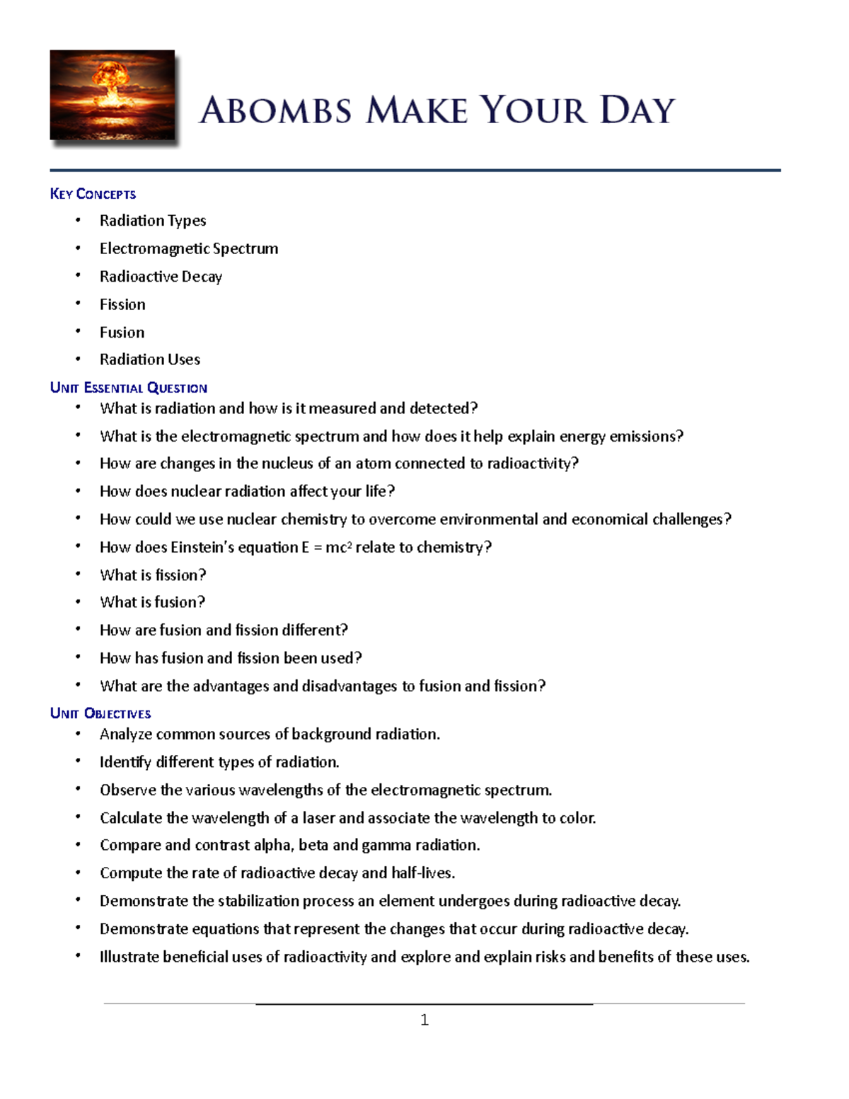 Abombs Make Your Day Packet - KEY CONCEPTS Radia&on Types Electromagne ...