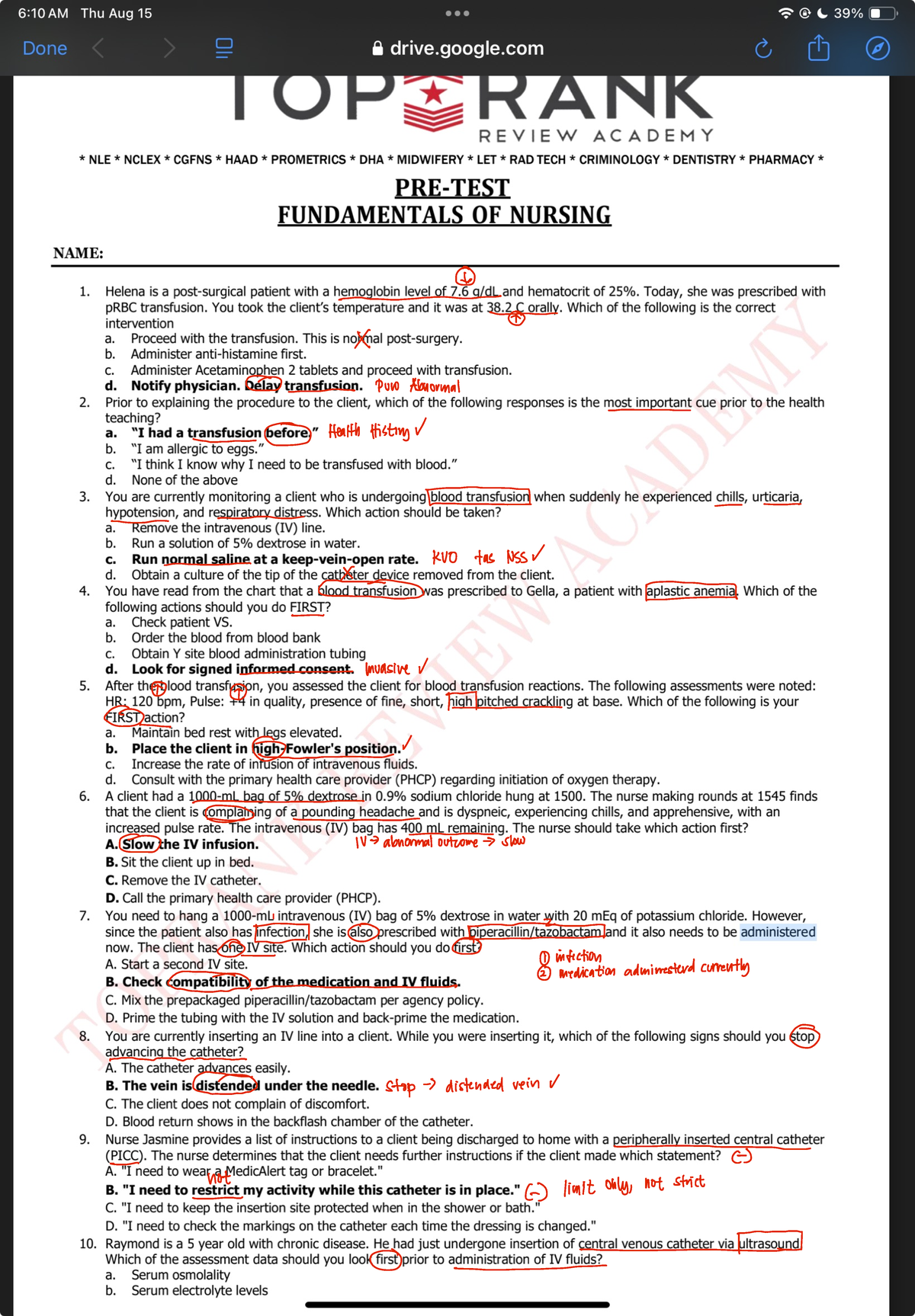 PRE TEST Funda - Jrnf - 6:10 AM Thu Aug 15 Done drive.google TOP RANK ...