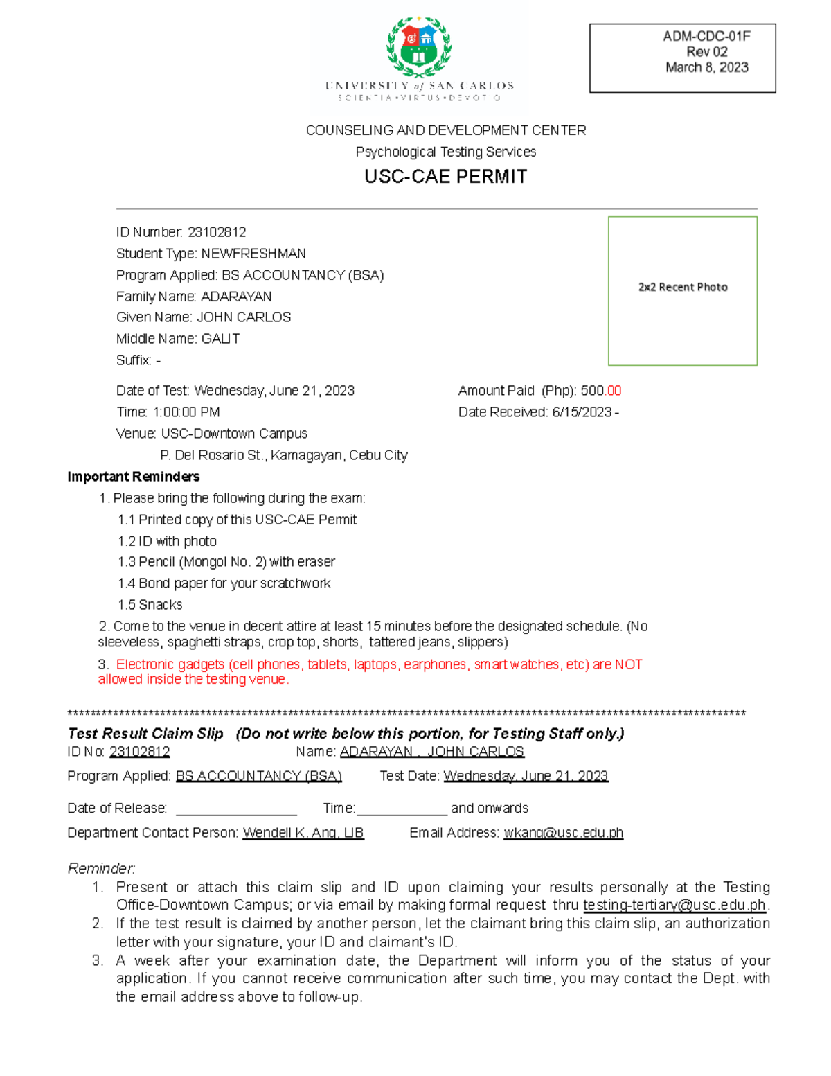 23102812 - COUNSELING AND DEVELOPMENT CENTER Psychological Testing ...
