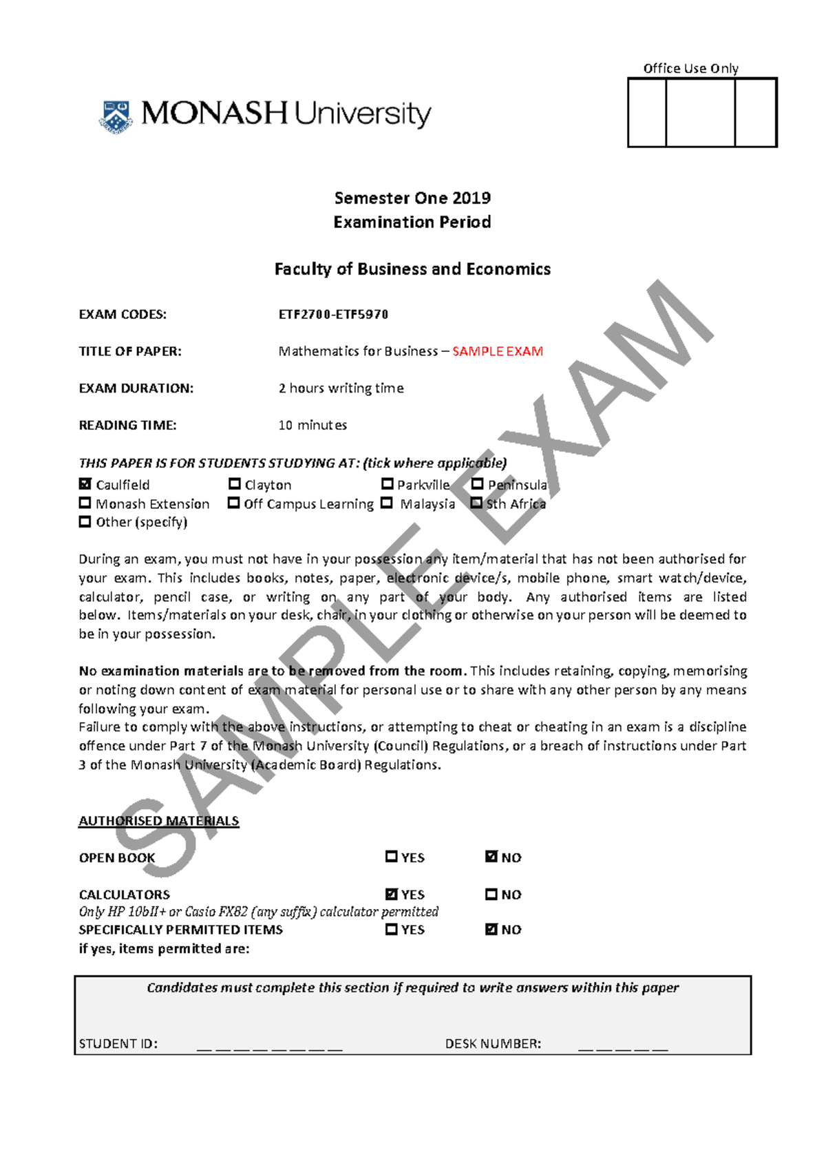 Sample.Exam2019 - Office Use Only Semester One 2019 Examination Period ...