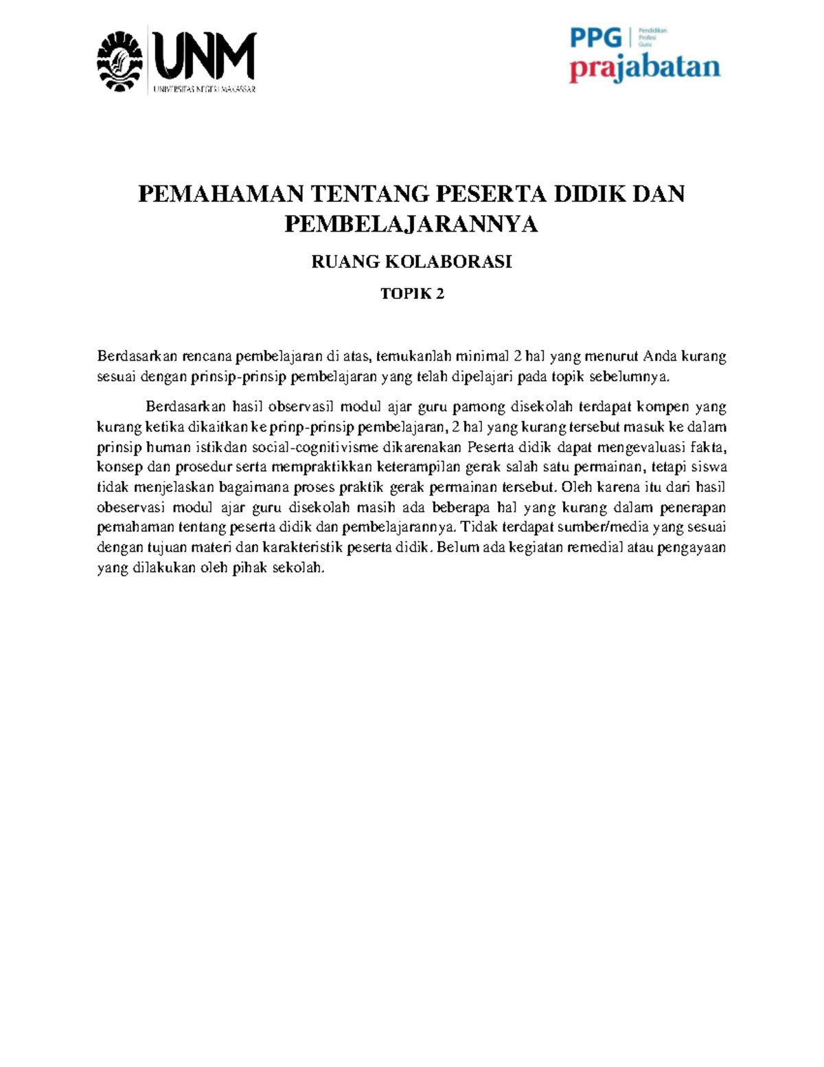 Ruang Kolaborasi 2.1 T.2 Pemahaman - PEMAHAMAN TENTANG PESERTA DIDIK DAN PEMBELAJARANNYA RUANG ...