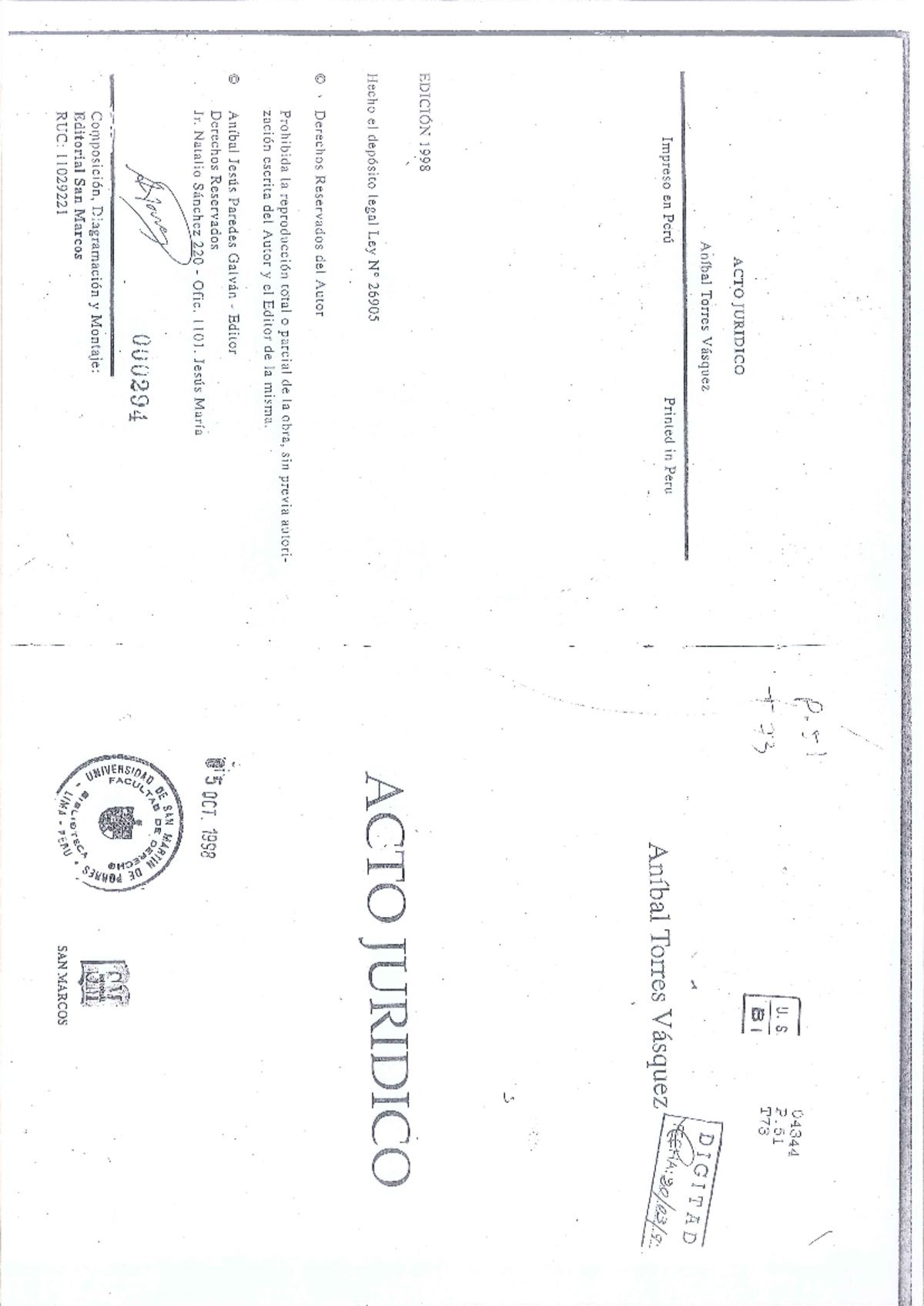 Torres Vasquez- Forma DEL ACTO Juridico - 04344 U. S. P F 73 B I T73 ACTO JURIDICO Aníbal Torres ...