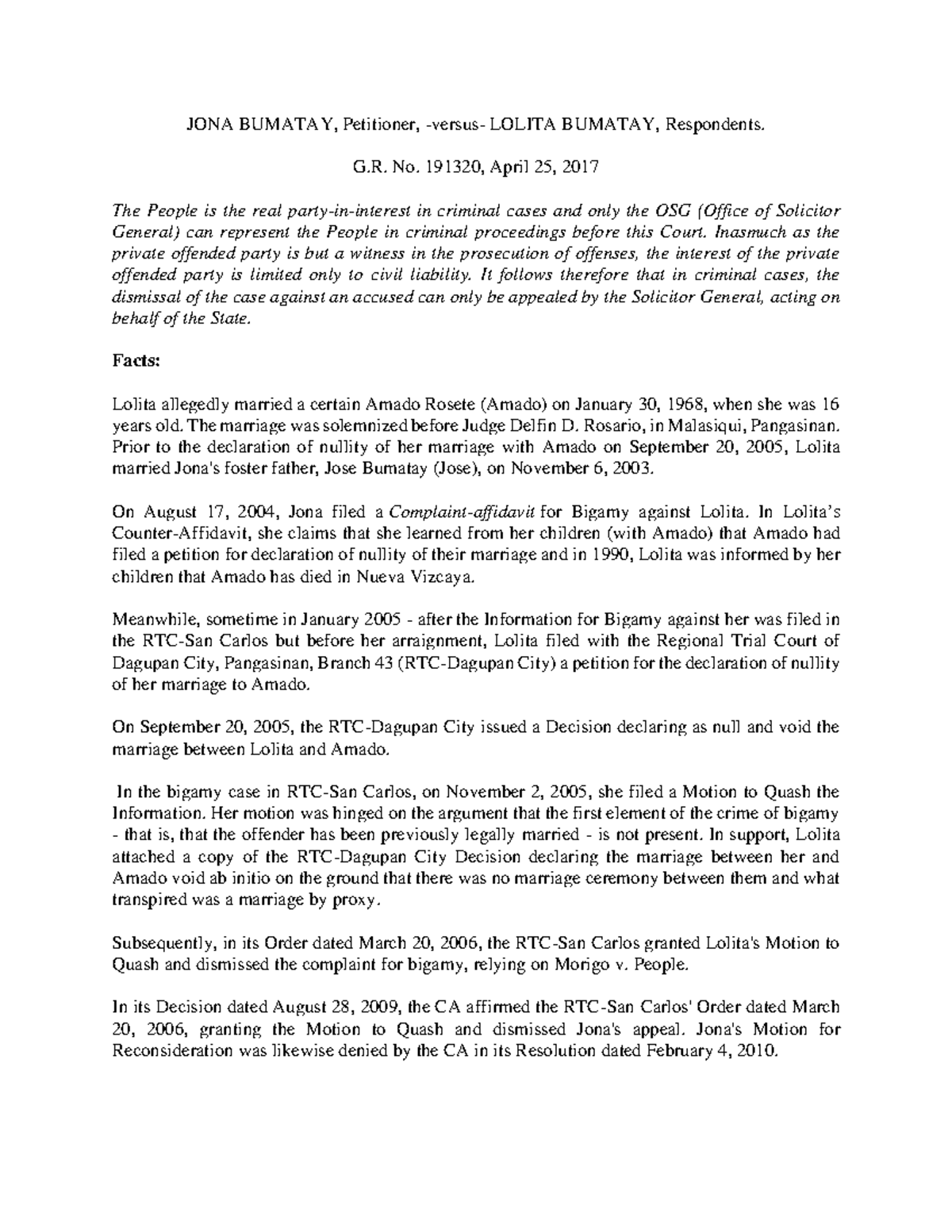 Bumatay vs Bumatay (2017 ) - JONA BUMATAY, Petitioner, -versus- LOLITA ...