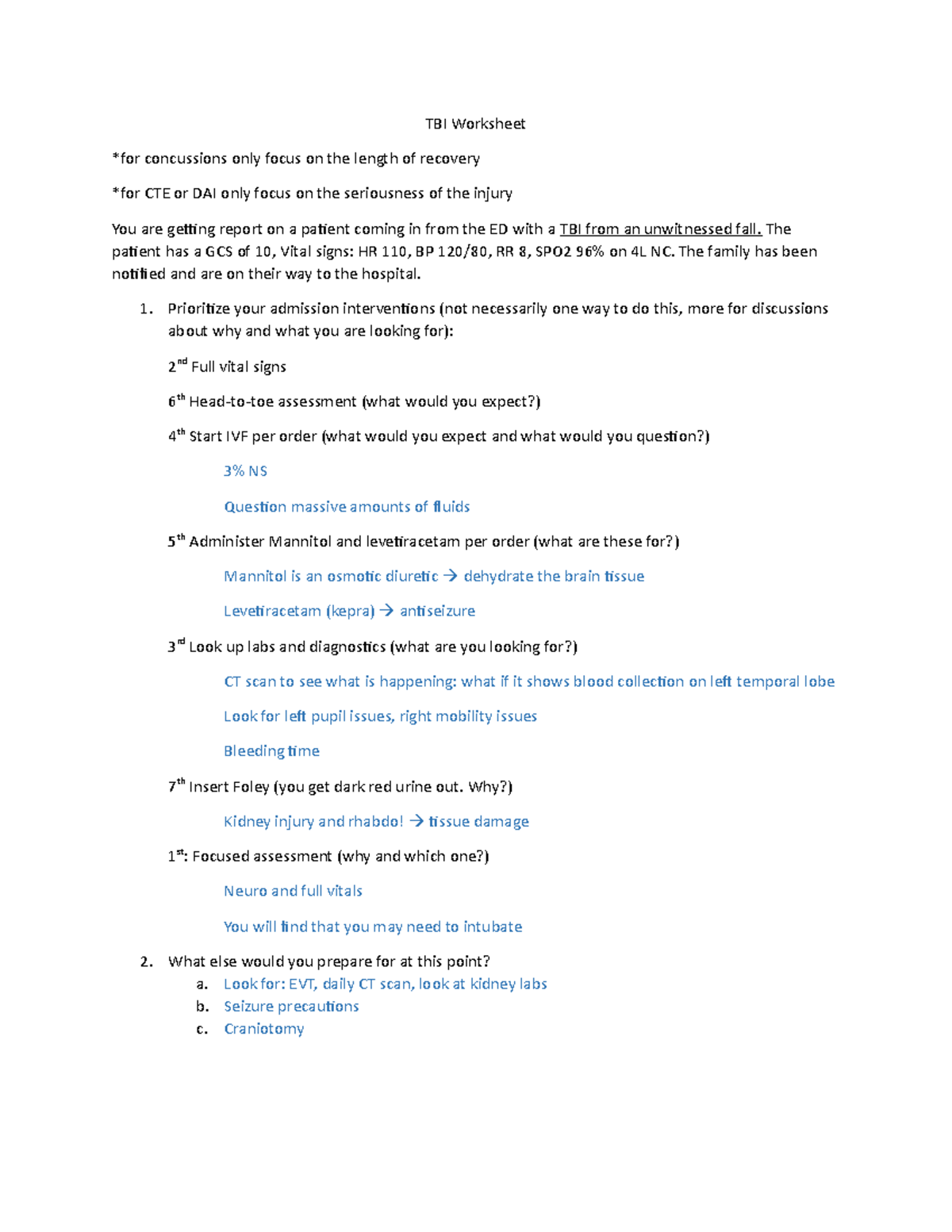 TBI worksheet - Lecture notes Unit 4 - TBI Worksheet *for concussions ...