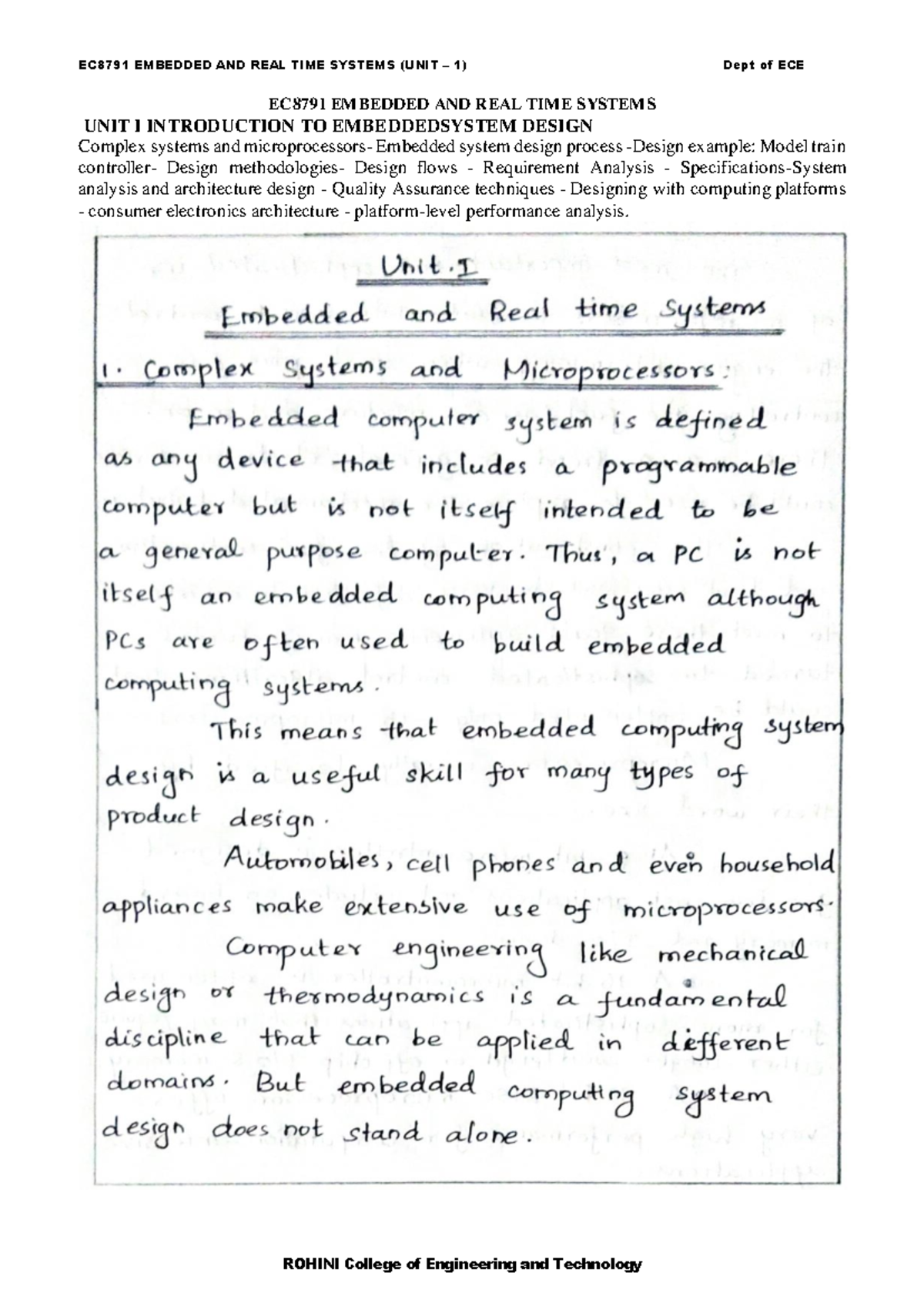 UNIT I Introduction TO Embeddedsystem Design Written Notes - Embedded ...