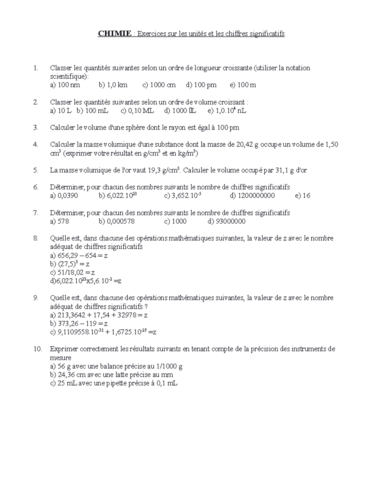 Exercices unités - jjj - CHIMIE : Exercices sur les unités et les ...