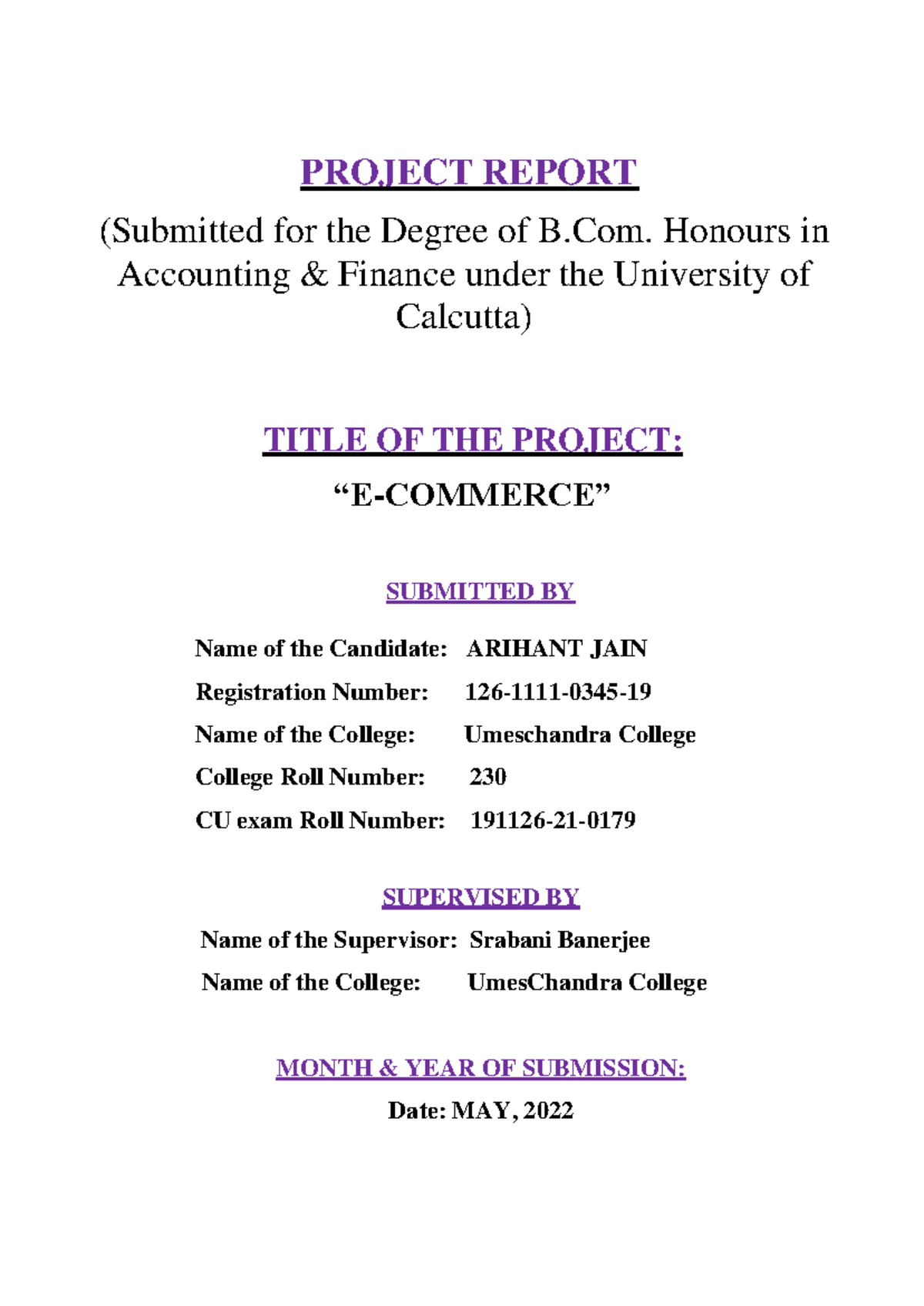 Project for bachelor of commerce honours - PROJECT REPORT (Submitted ...