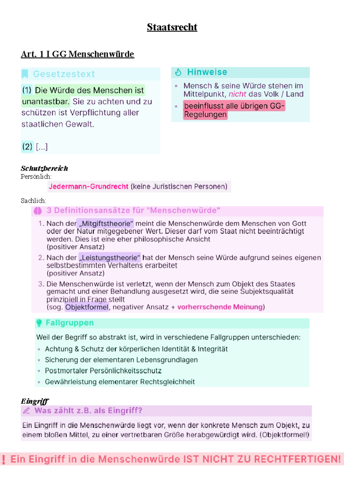 Staatsrecht Zusammenfassung GG - Staatsrecht Art. 1 I GG Menschenwürde Schutzbereich Persönlich ...