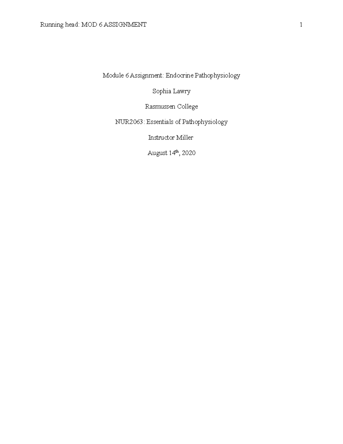 Diabetic Case Study - Running head: MOD 6 ASSIGNMENT 1 Module 6 ...