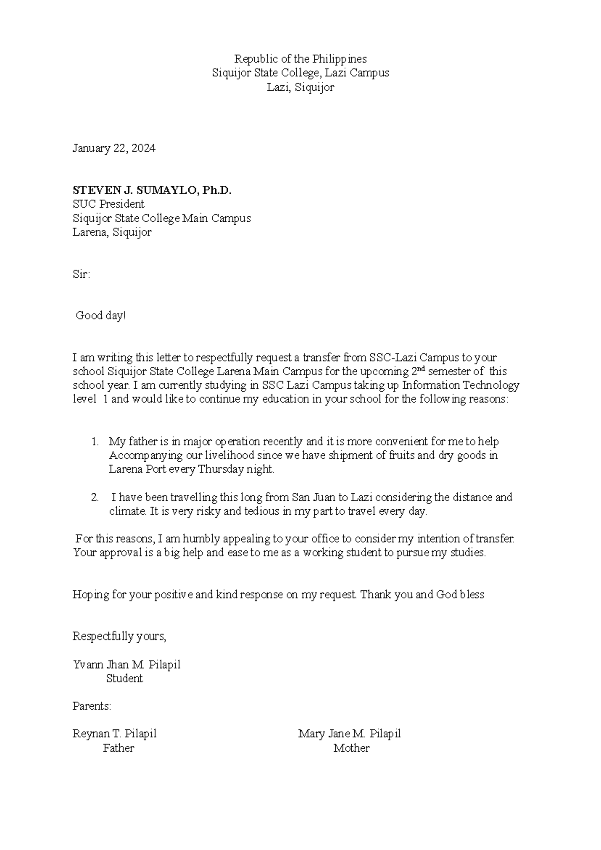 Aplication letter for SSC - Republic of the Philippines Siquijor State ...