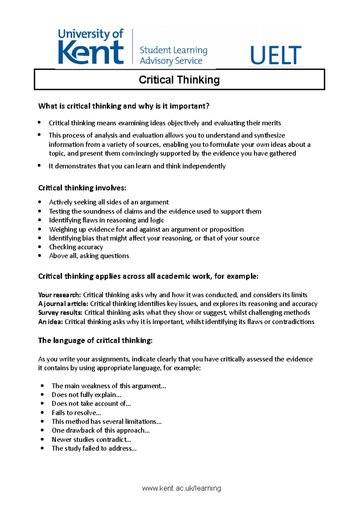 Critical thinking SLAS 2 - Critical Thinking What is critical thinking ...
