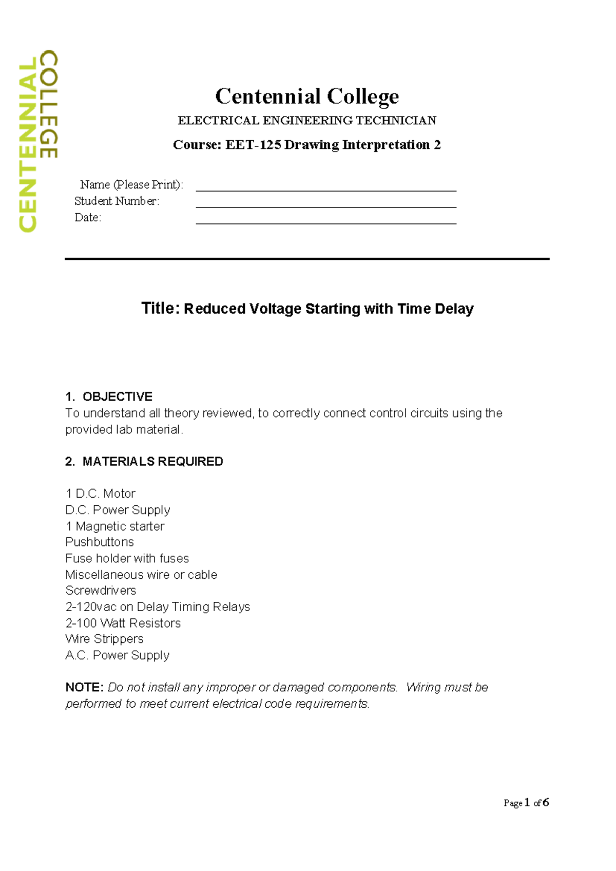 Lab 9 Reduced Voltage Starting with timer delay - Centennial College ...
