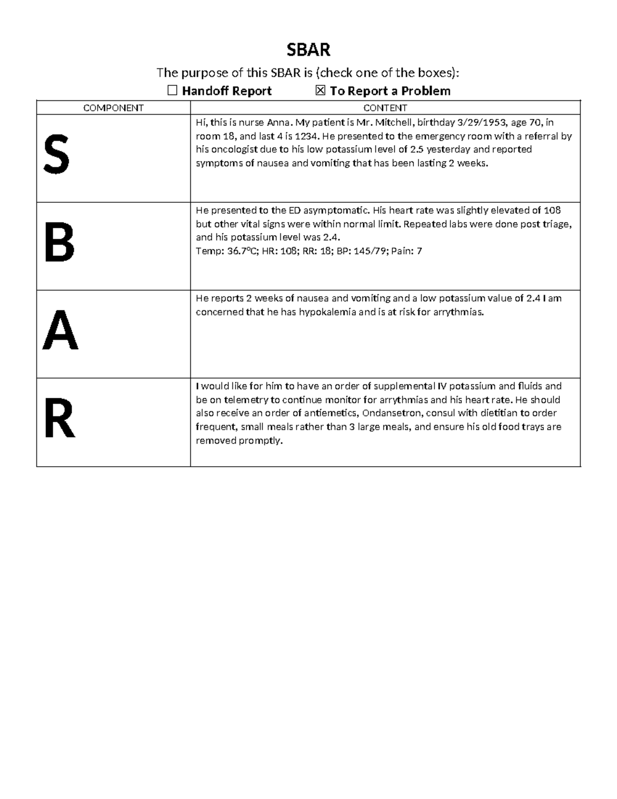 SBAR Template - SBAR The purpose of this SBAR is (check one of the ...
