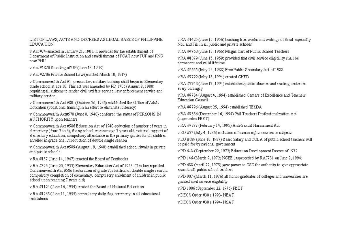 LIST OF LAWS ACTS AND Decrees AS Legal Bases OF Philippine Education ...