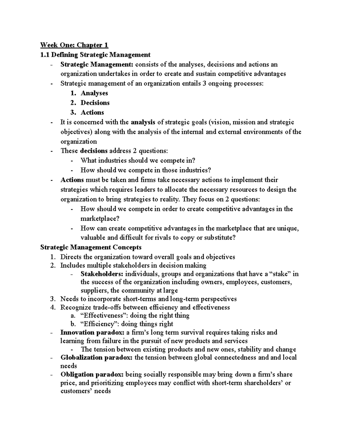 BUS800 Textbook Notes - Week One: Chapter 1 1 Defining Strategic ...