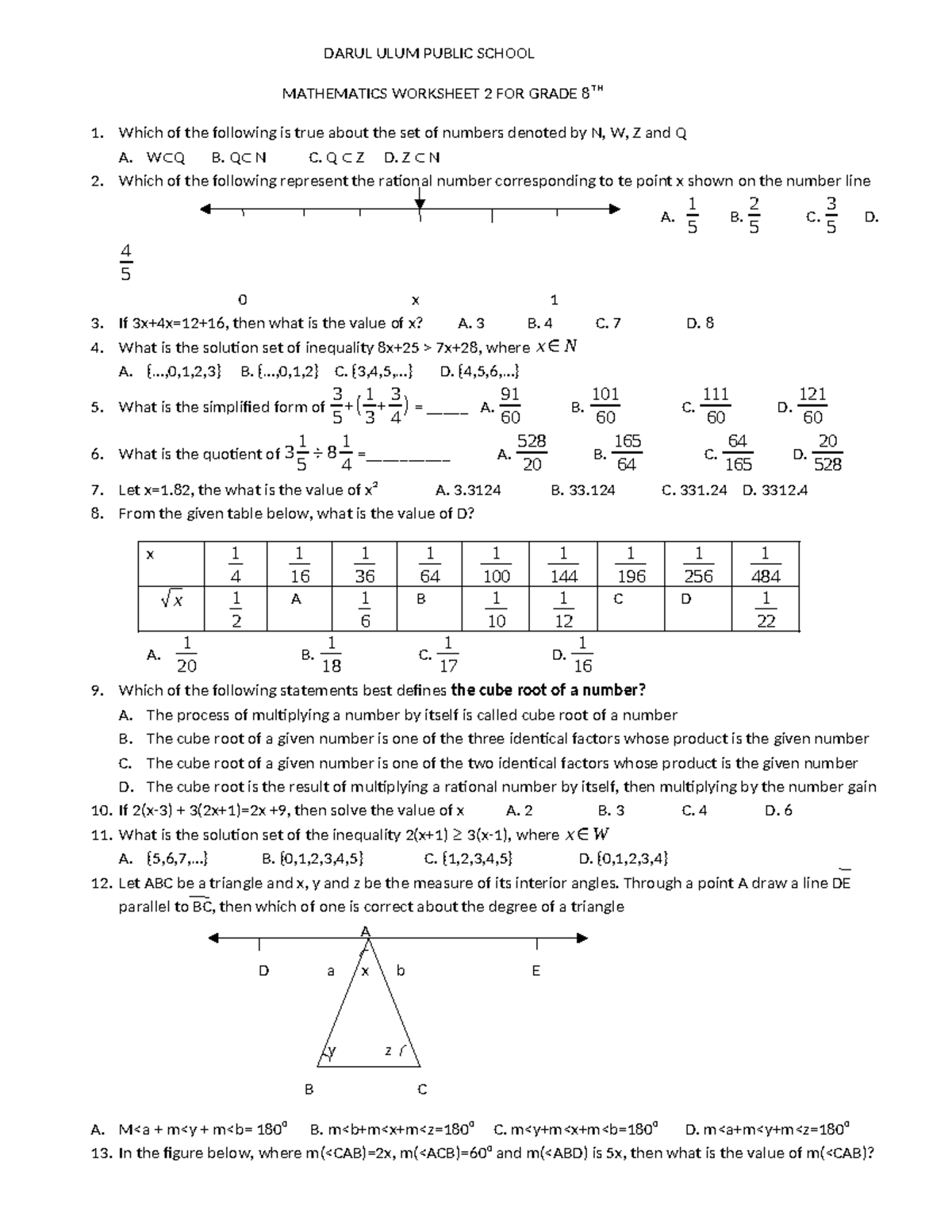Worksheet - mathematics woorksheet for grade 8 - ####### DARUL ULUM ...