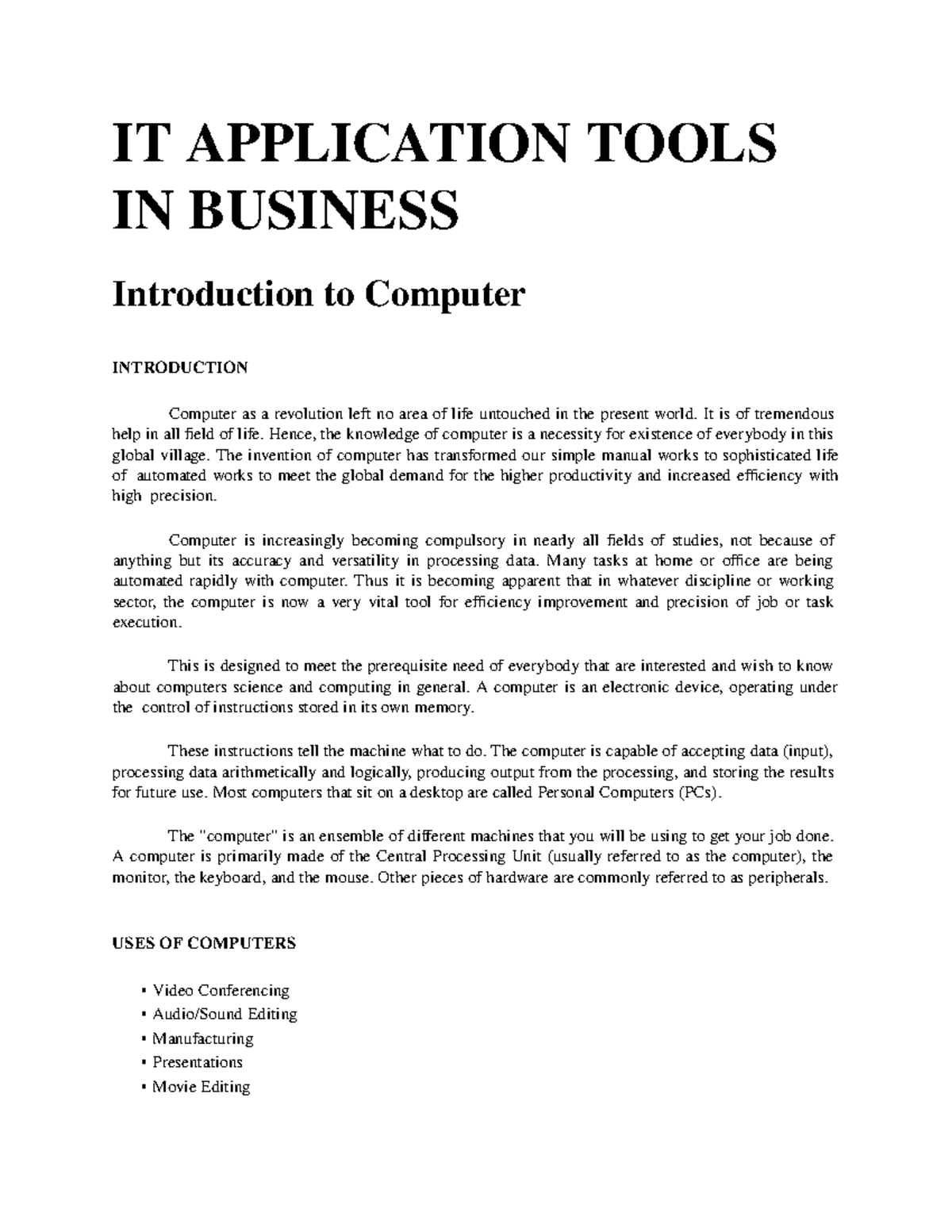 Introduction to Computer - IT APPLI CATI ON TOOLS IN BUSI NESS ...