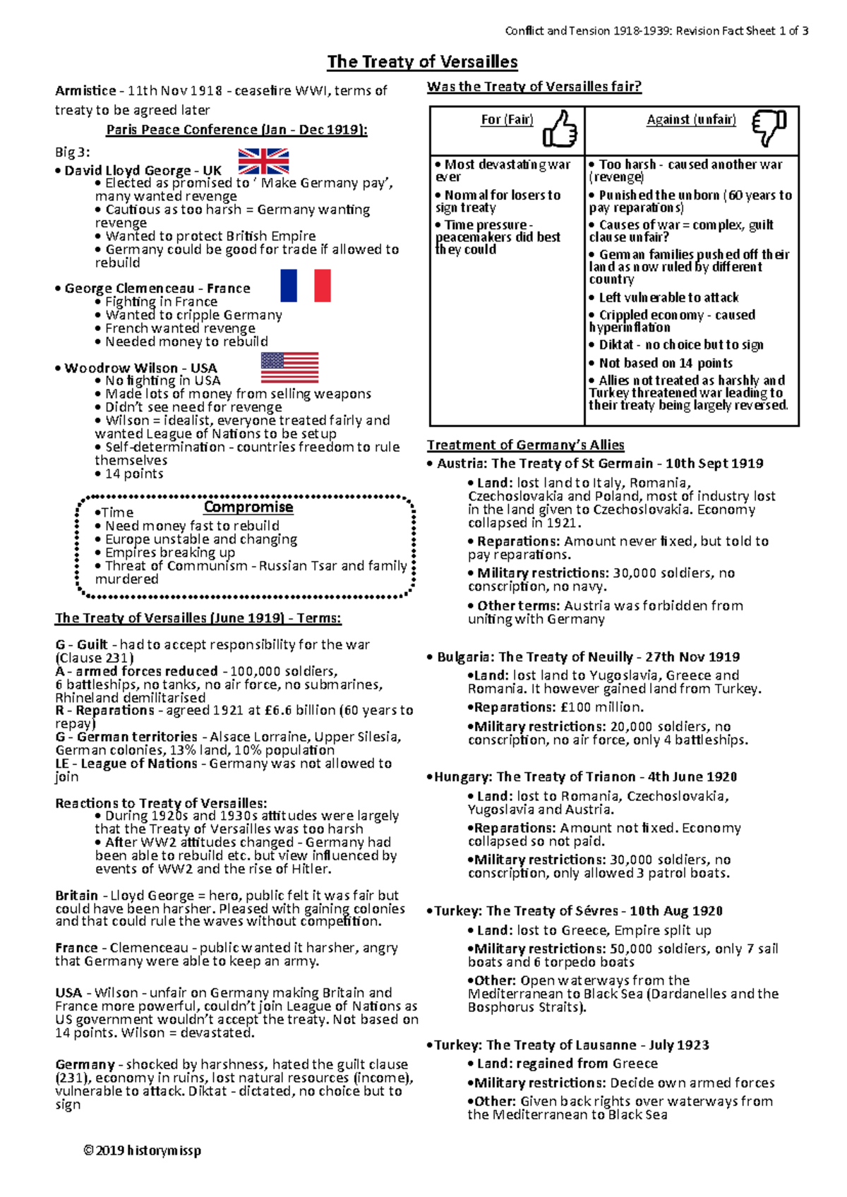 Conflict 1918 1939 revision summary sheets - ©2019 historymissp The ...