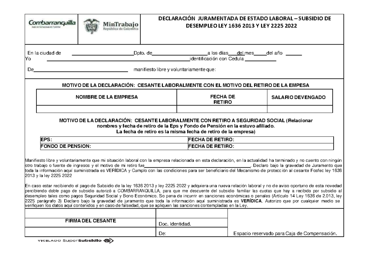 Declaracion Juramentada Fosfec ley 16363 2013 y ley 2225 2022 okok - DECLARACIÓN JURAMENTADA DE ...